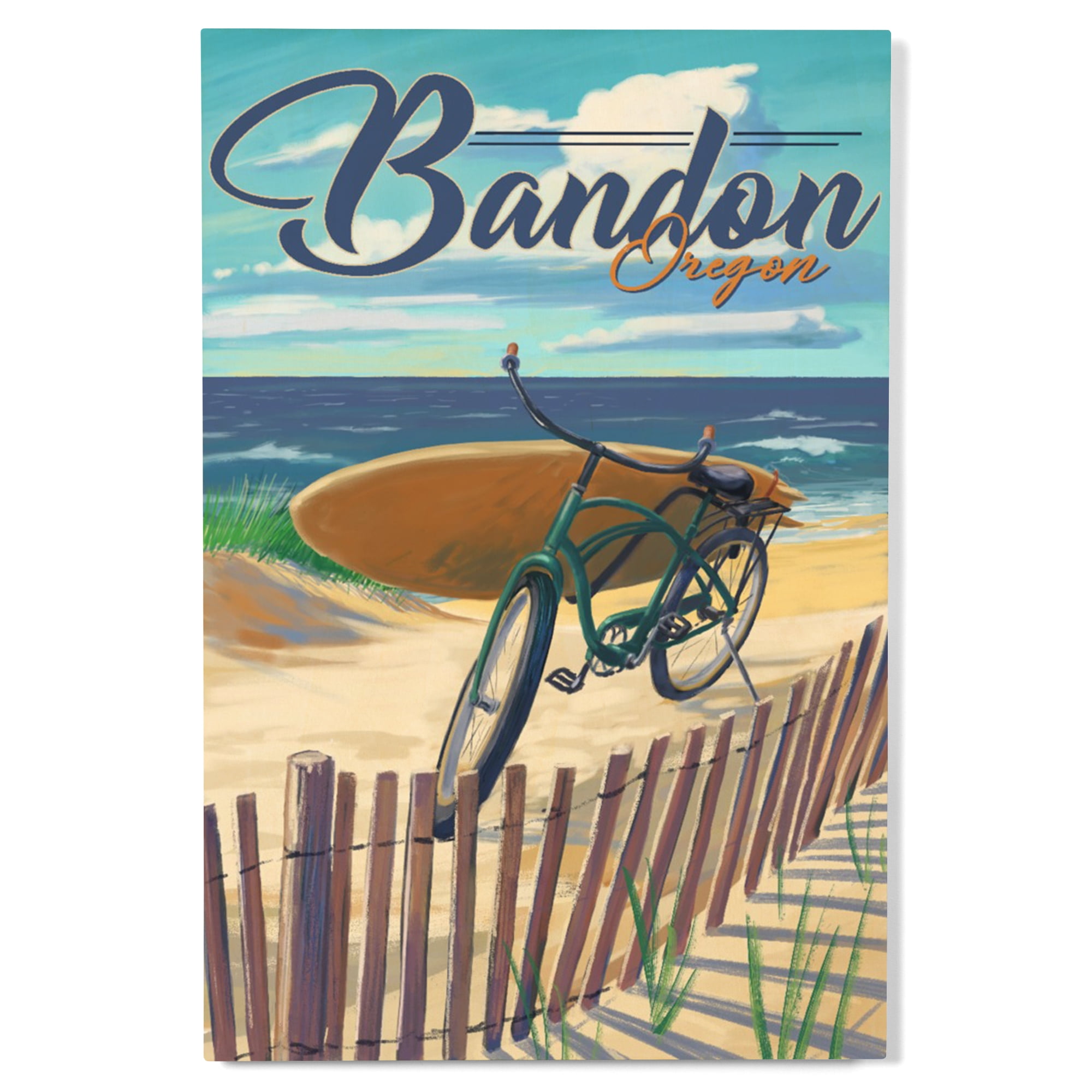 Bandon, Oregon, Bike and Surfboard, Sand Dunes Birch Wood Wall Sign (12x18 Rustic Home Decor ...