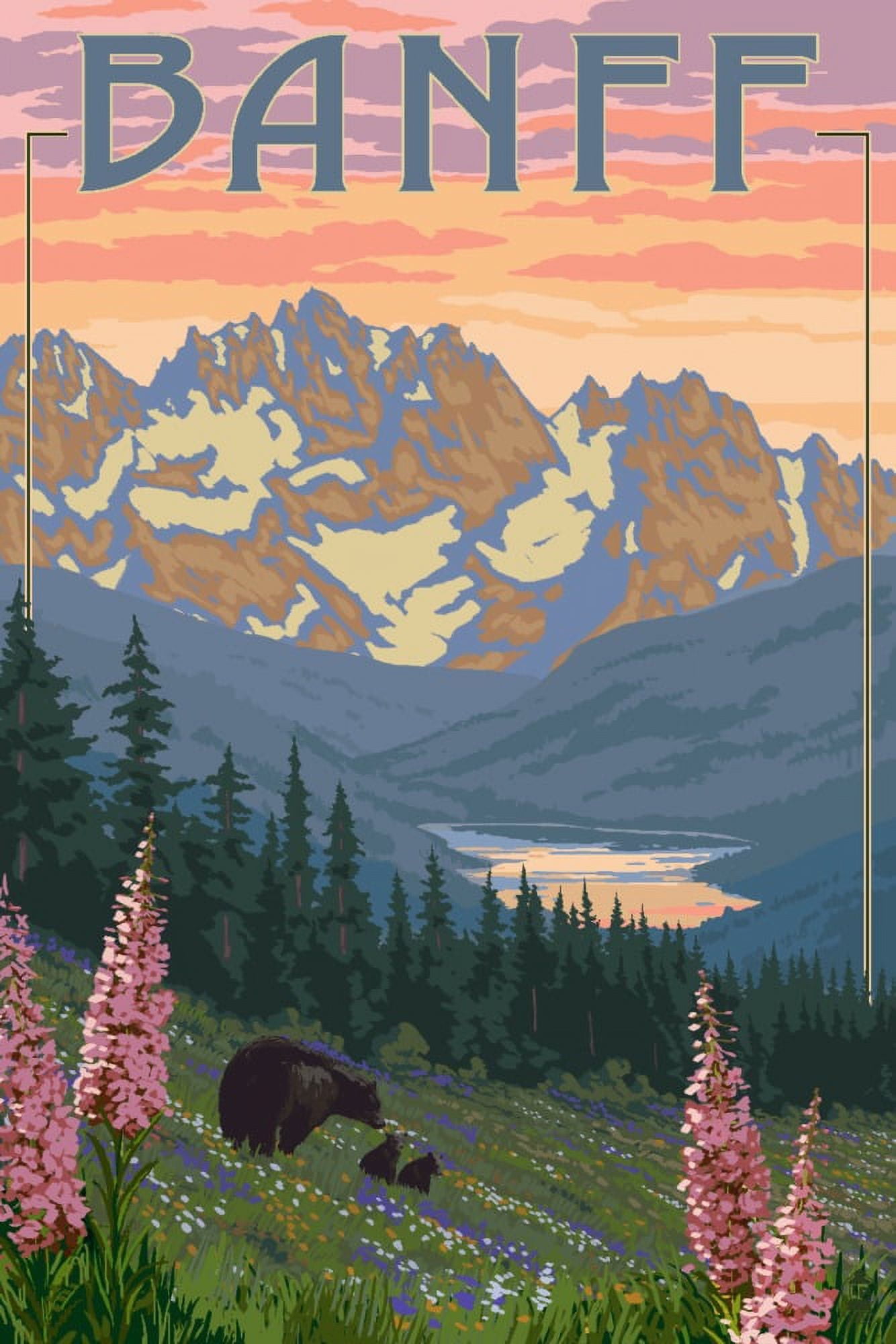 Banff, Alberta, Canada, Bear and Spring Flowers (with border) (12x18 ...