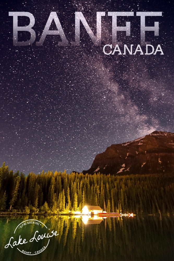 Banff, Alberta, Canada, Lake Louise Boathouse at Night (12x18 Wall Art ...