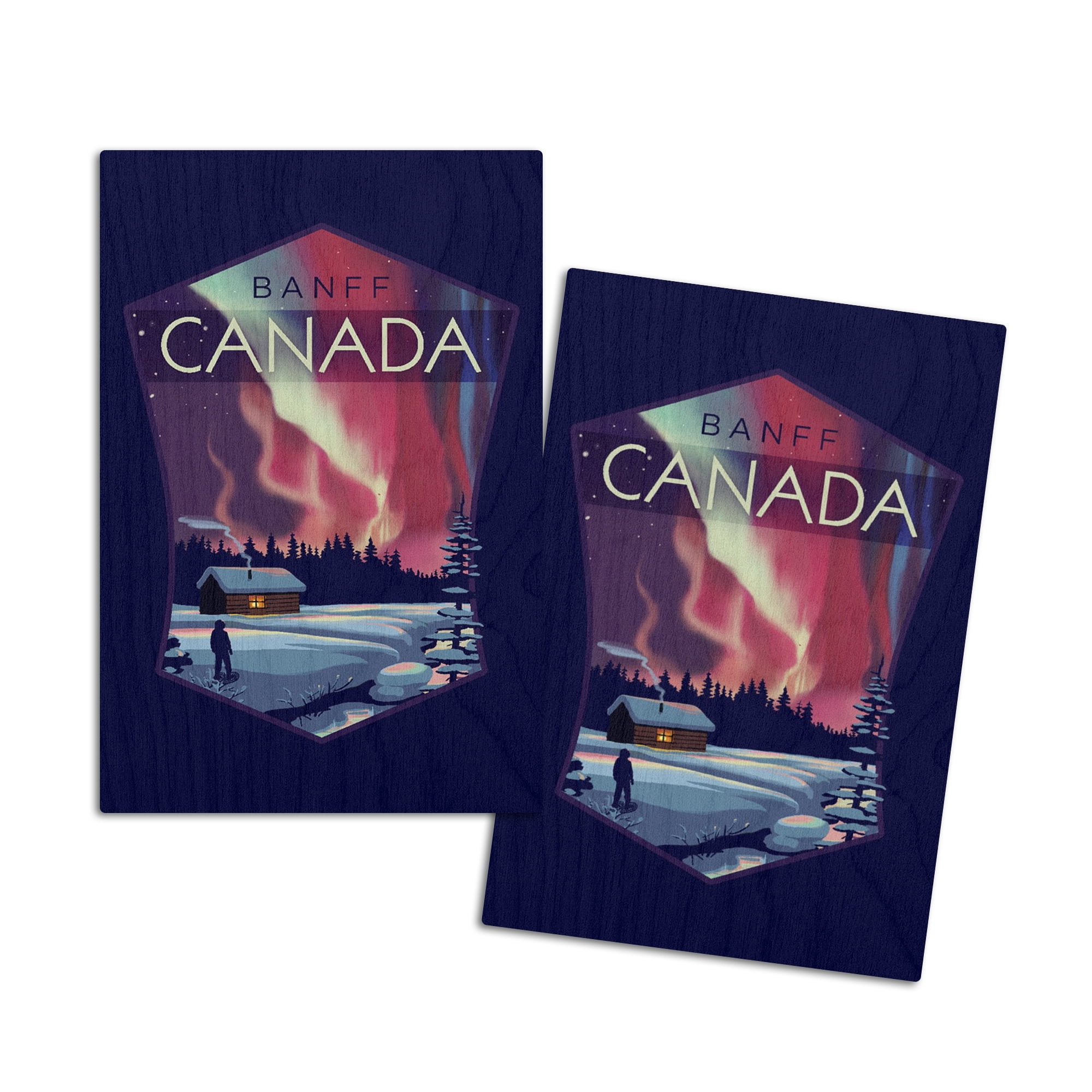 Banff, Canada, Northern Lights and Cabin, Contour (4x6 Birch Wood ...