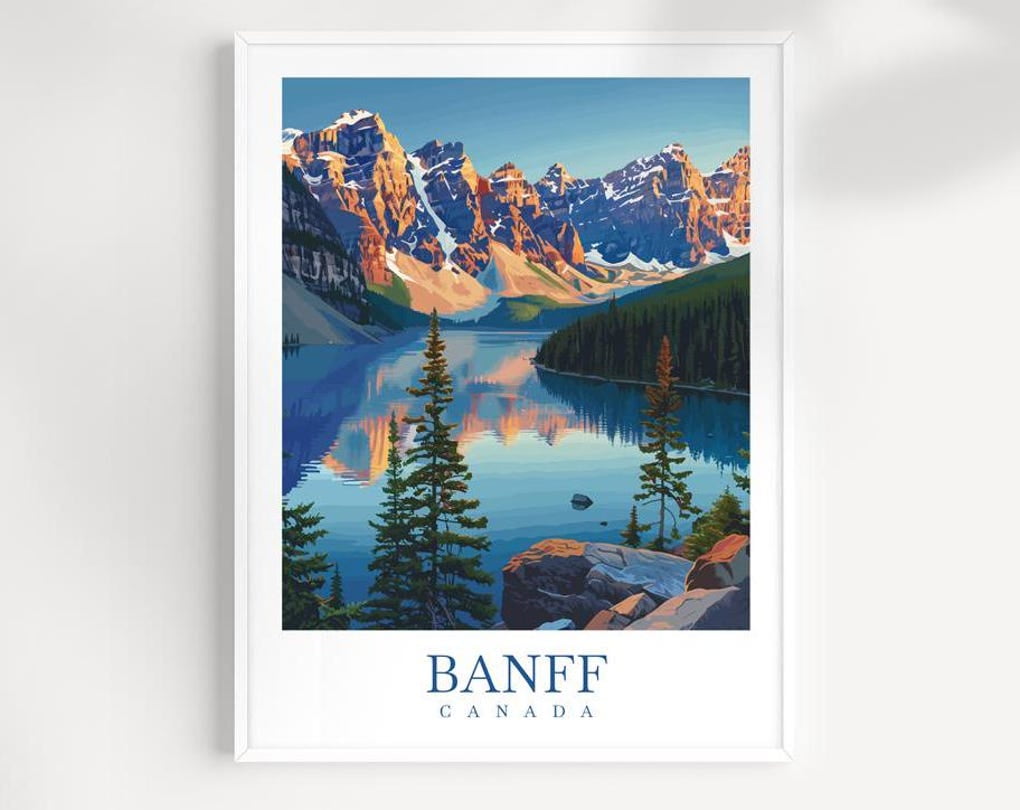 Banff Canada Travel Print Wall Art - Illustrated Mountain Landscape ...