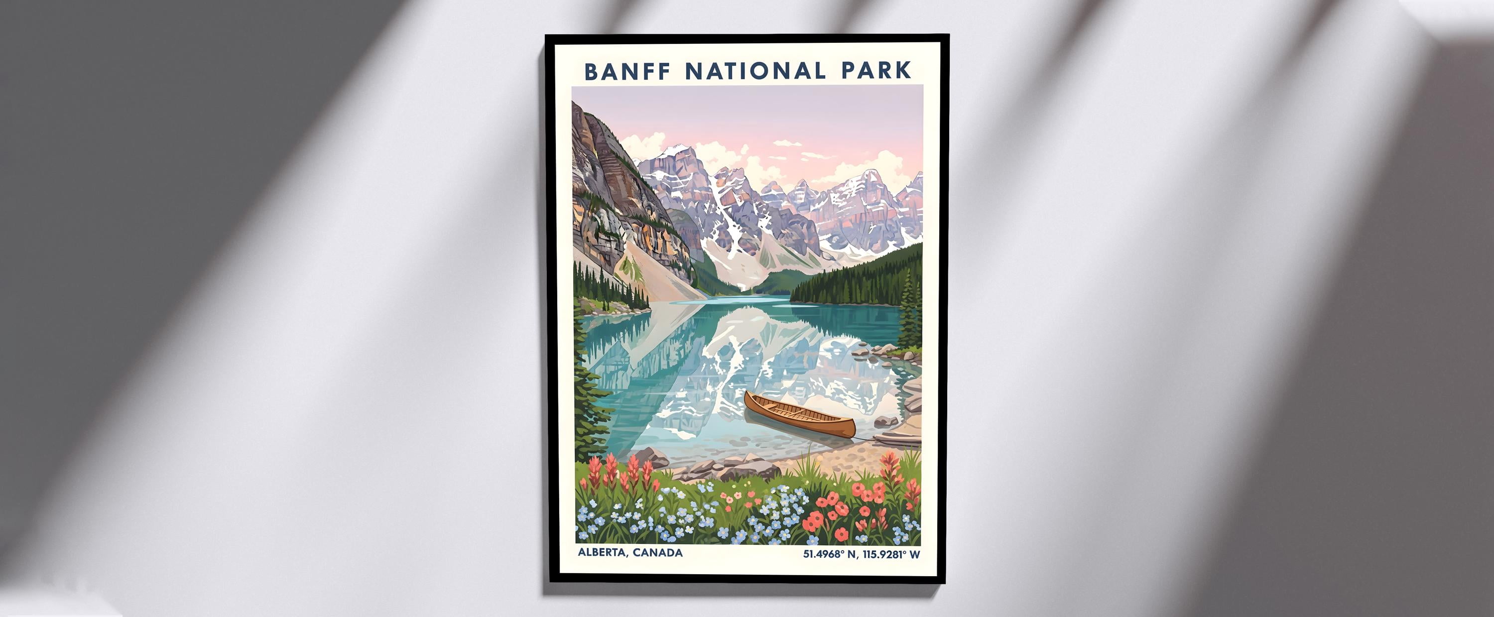 Banff National Park Gouache Poster Pink Teal Landscape Poster, Poster ...