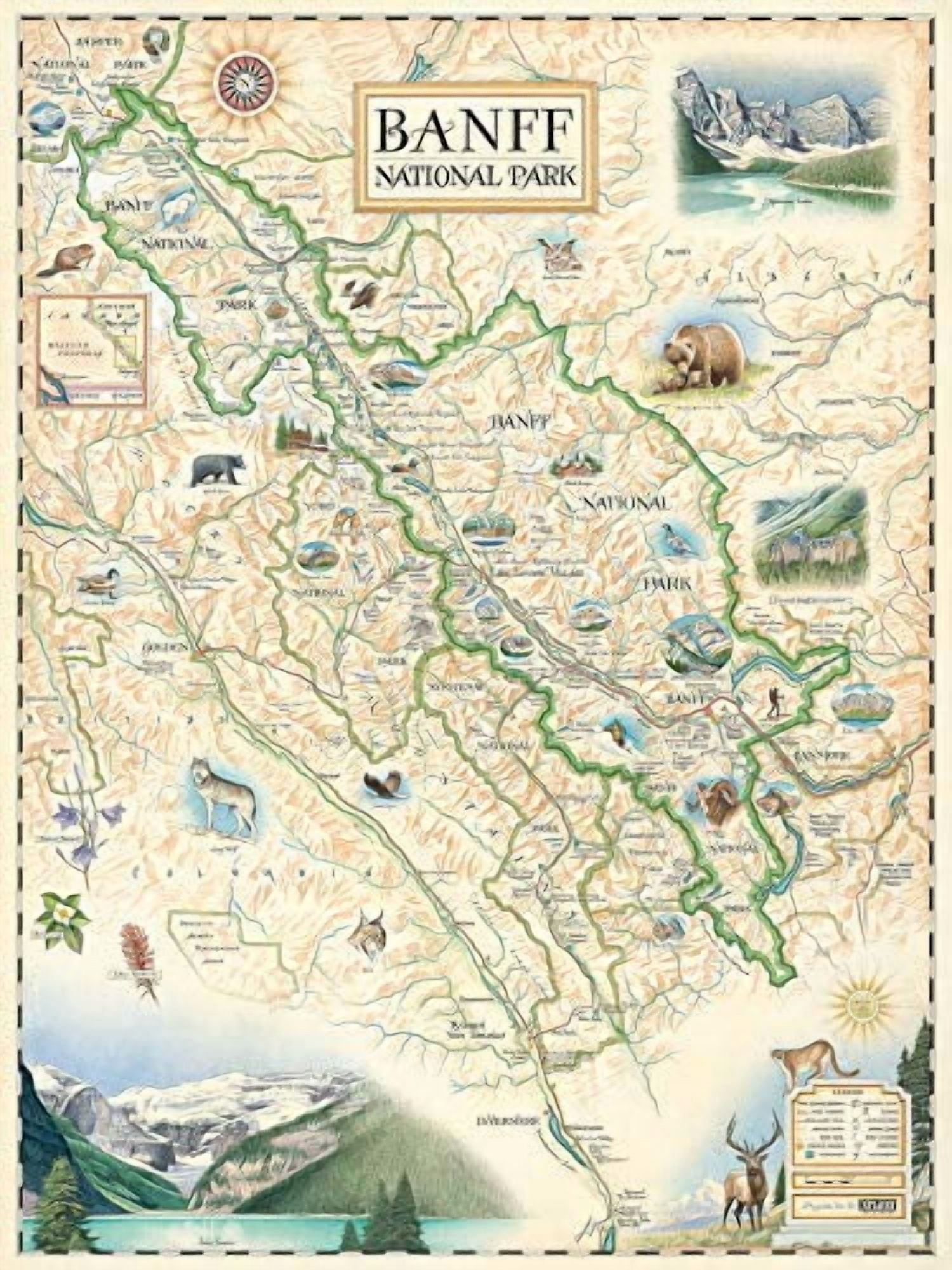 Banff National Park Hand-Drawn Map Poster 18x24", Vintage-Style Wall ...