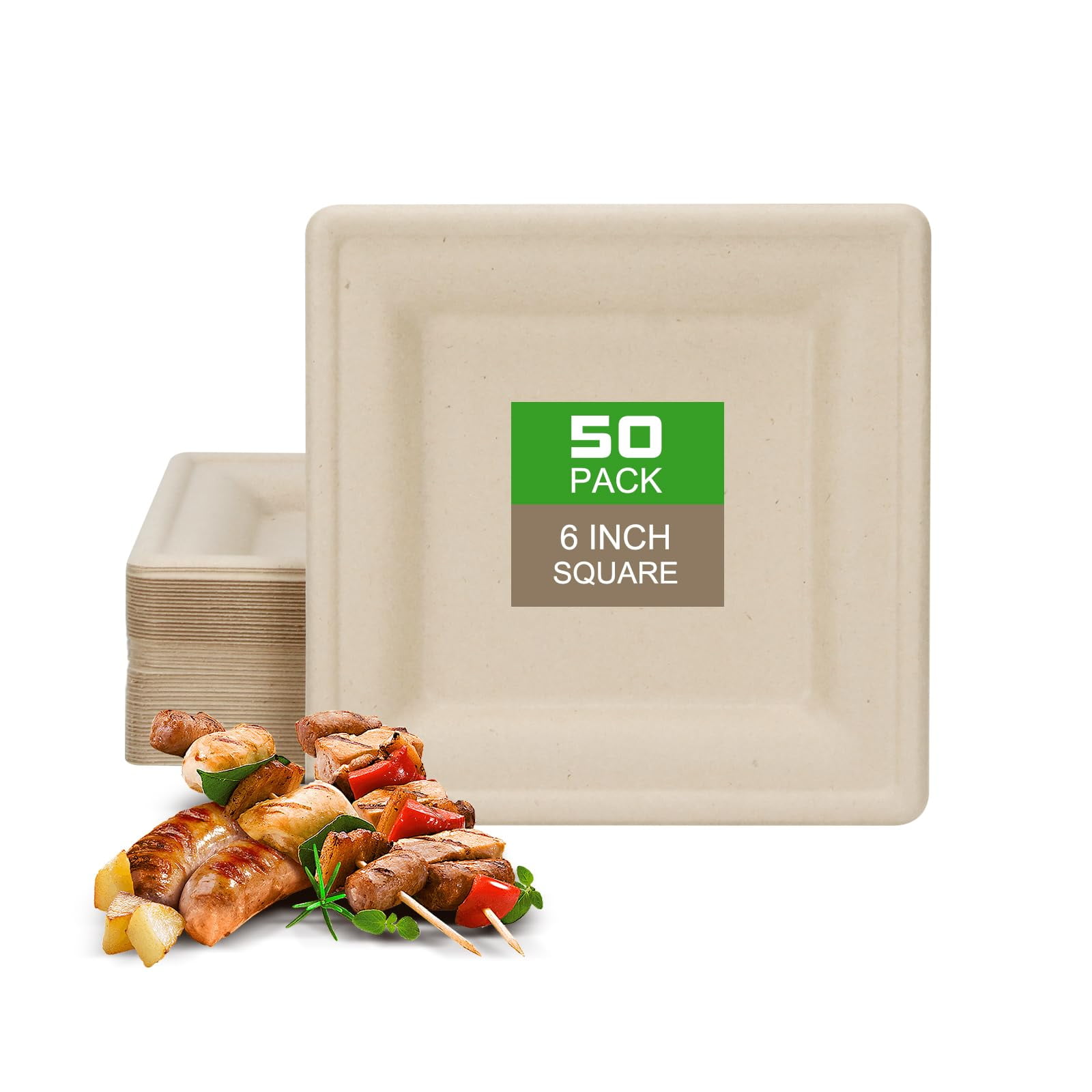 BangShou 6 Inch Disposable Paper Plates, 50 Pack 100% Compostable ...