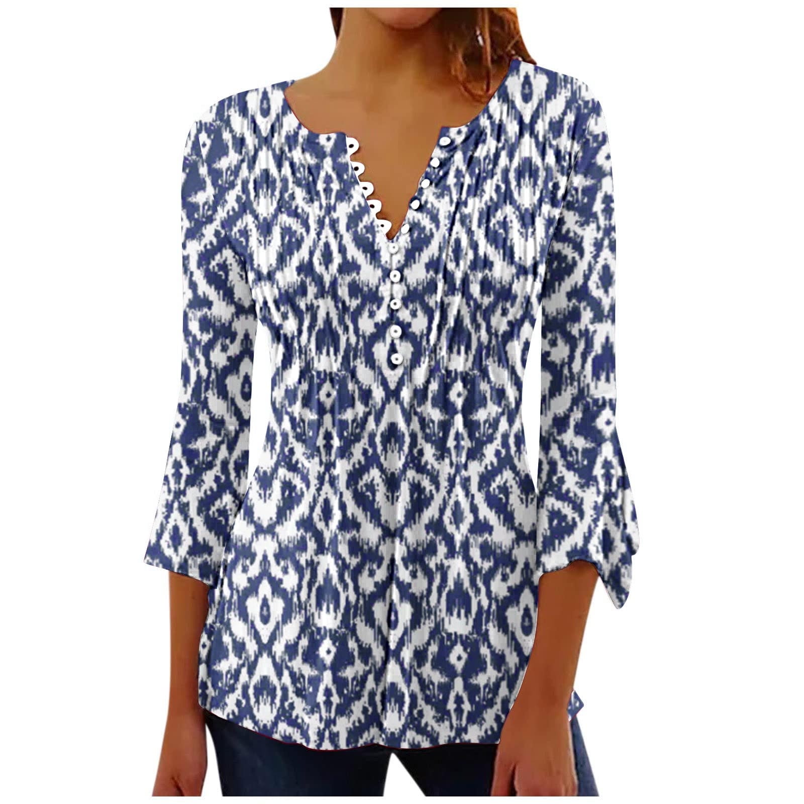 BangWanChi 3/4 Sleeve Blouses for Women Women Fashion Printed Casual V ...