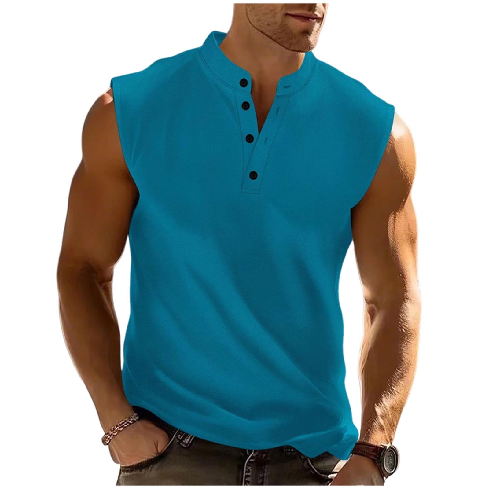 BangWanChi Button Tanks Men Solid Color Summertime Casual Fitness ...