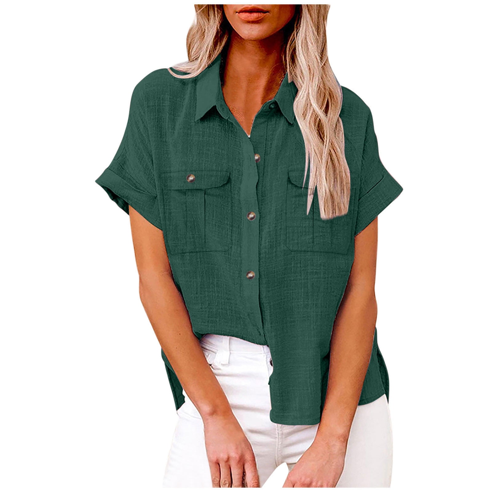 BangWanChi Button down Shirts for Women Cotton Womens Solid Color V ...