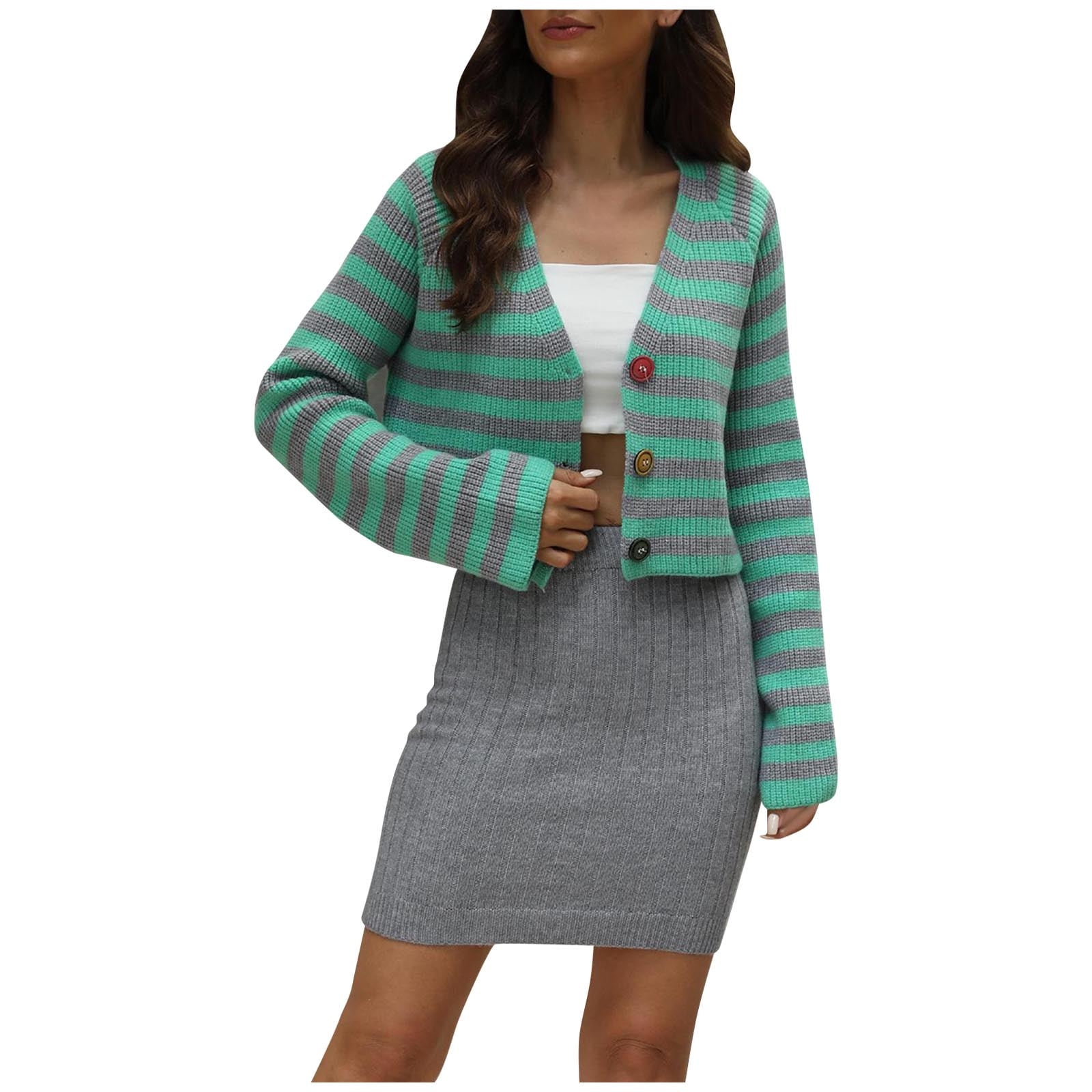 BangWanChi Cardigan Sweaters for Women Short Women's Casual Striped ...
