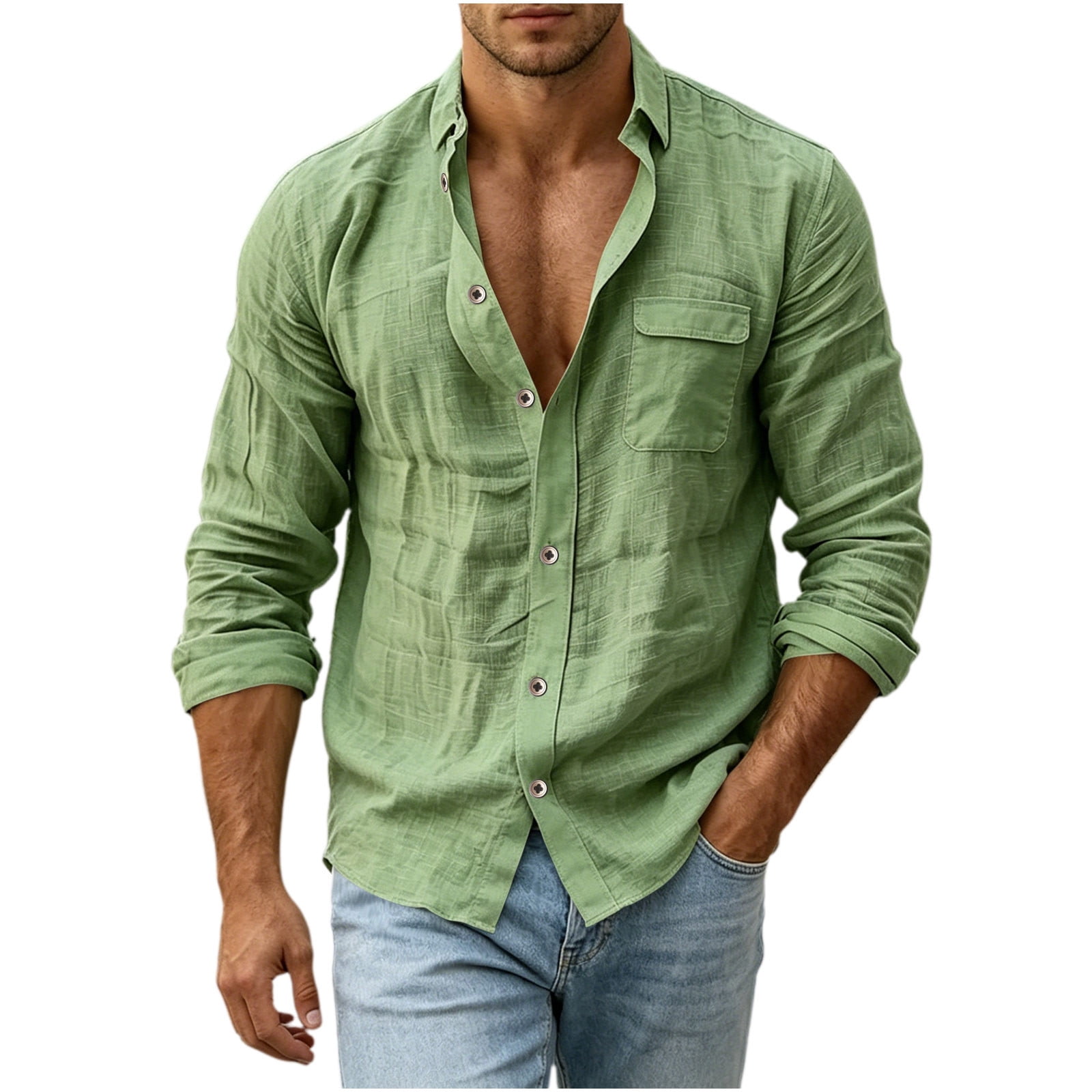 BangWanChi Men Casual Fashion Turn-Down Collar Button Pocket Long ...