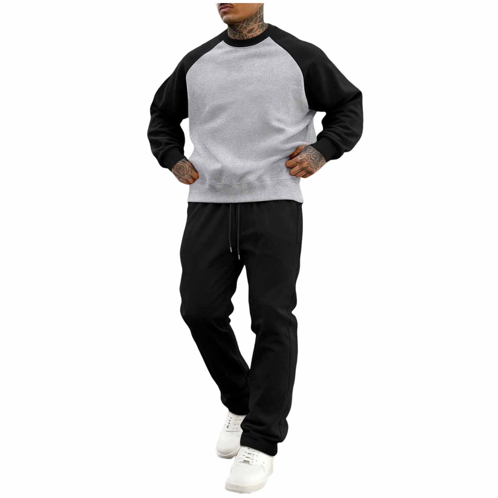 BangWanChi Men Velvet Patchwork Sets Casual Loose Two-Piece Drawstring ...