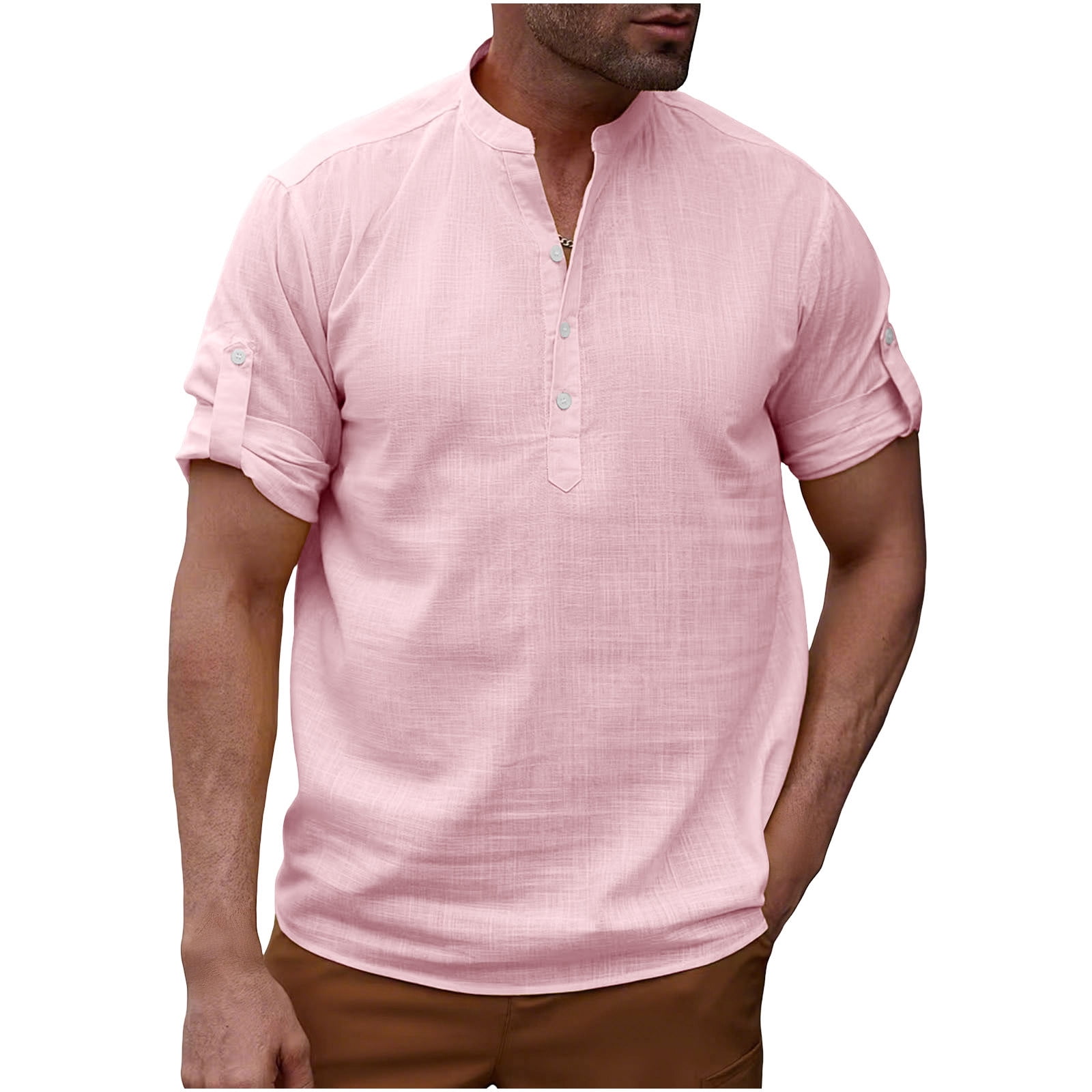 BangWanChi Men's Casual Henley Shirts Fashion Men Short Sleeve Stand-Up ...