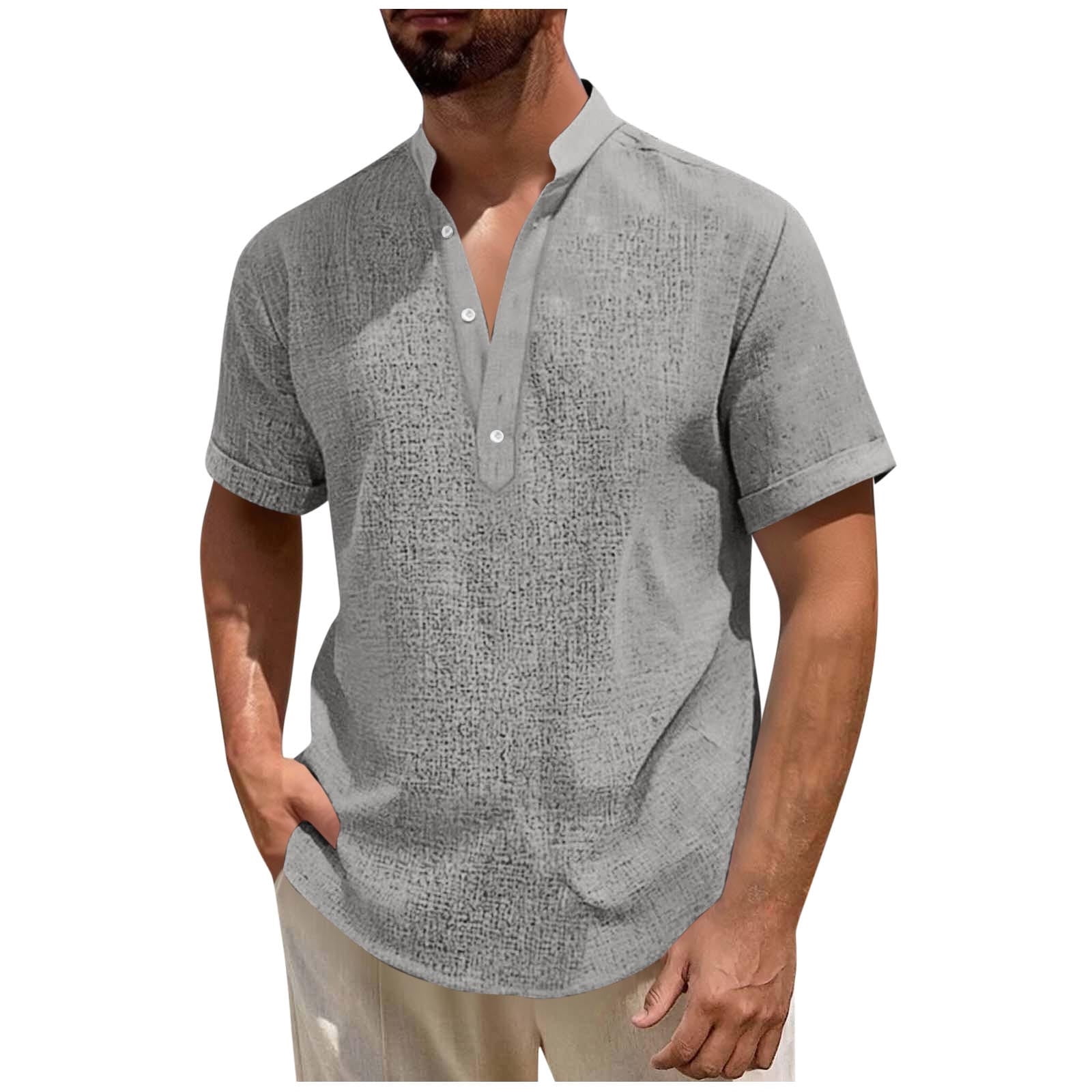 BangWanChi Men's Casual Henley Shirts Man Solid-Color Half Button Short ...