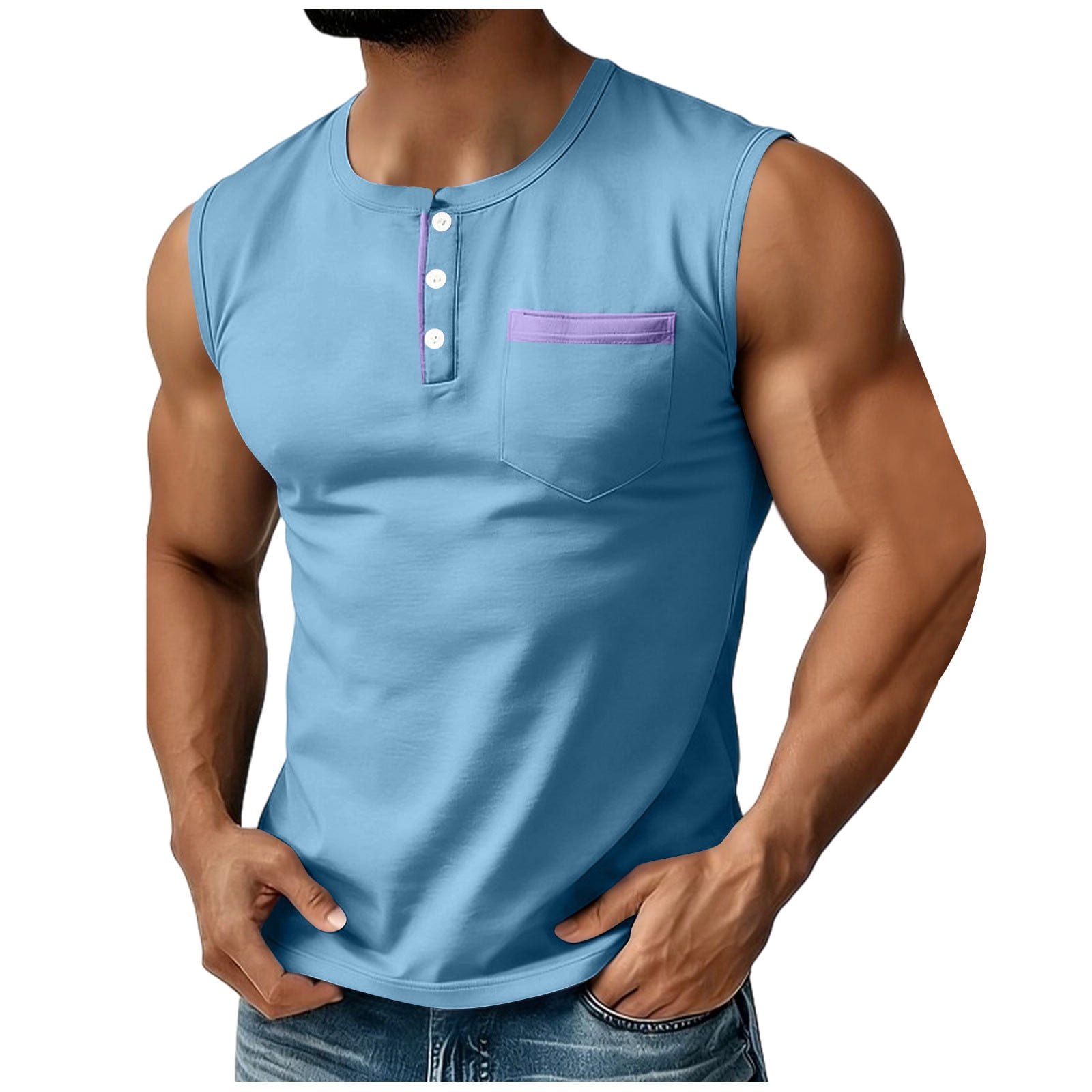 BangWanChi Men's Casual Solid Color Sleeveless Round Neck Half Button ...