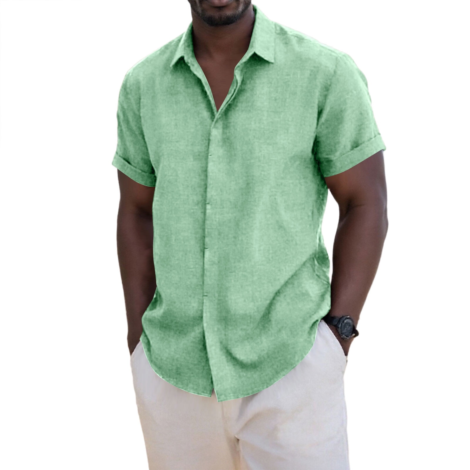 BangWanChi Men's Casual Vacation Shirts Solid Color Button-Up Collar ...