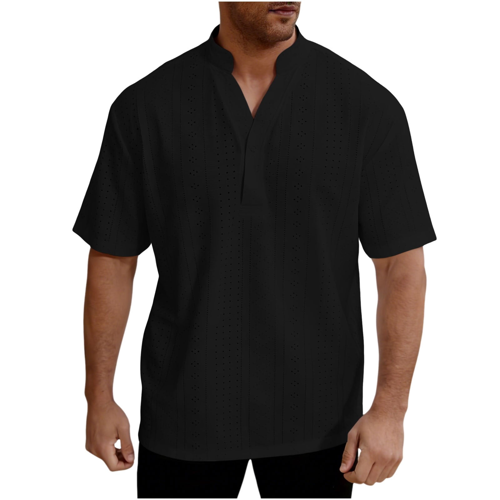 BangWanChi Men's Eyelet Embroidery V-Neck Shirts Mandarin Collar Short ...