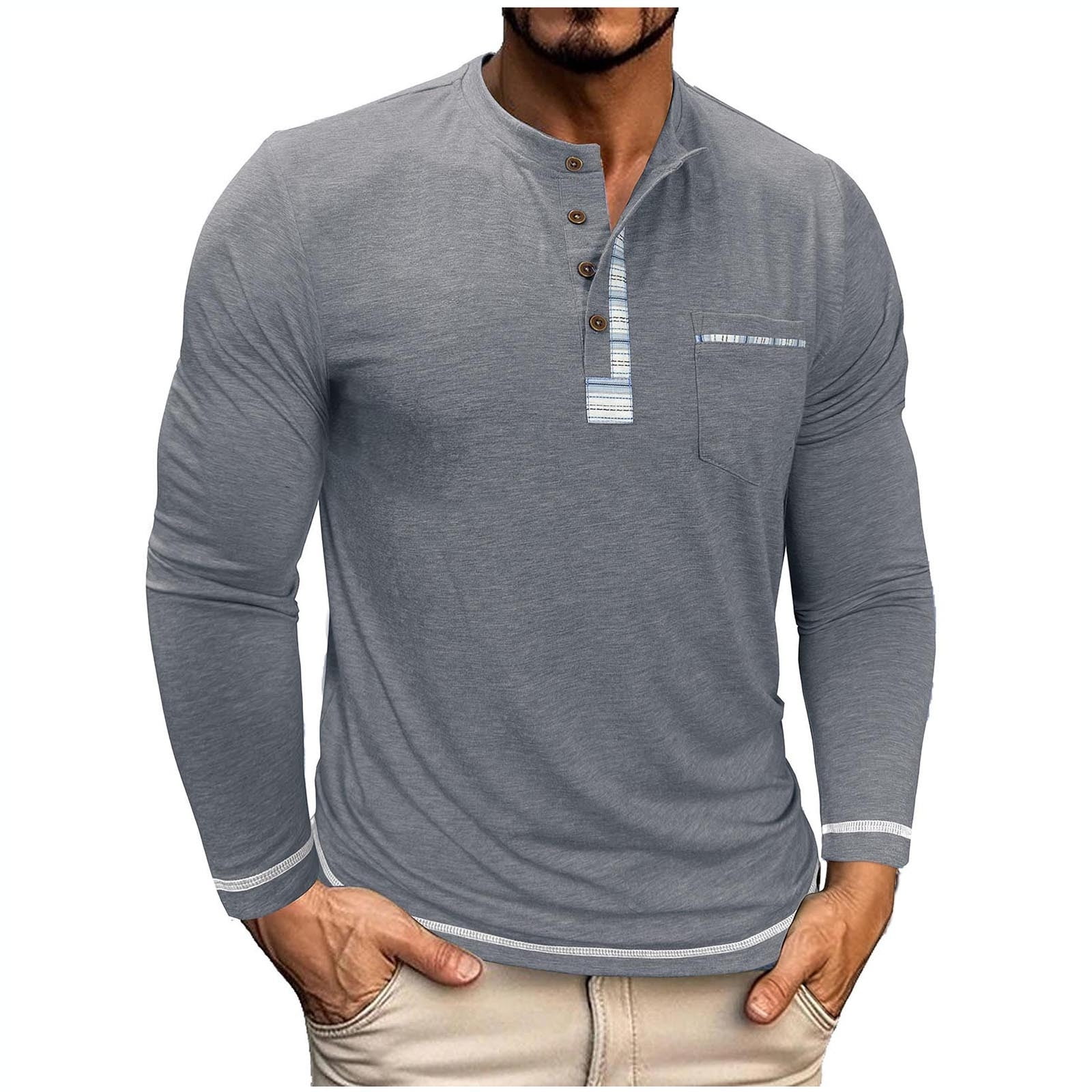 BangWanChi Men's Henley Half Placket Shirts Fashion Men Solid Color ...