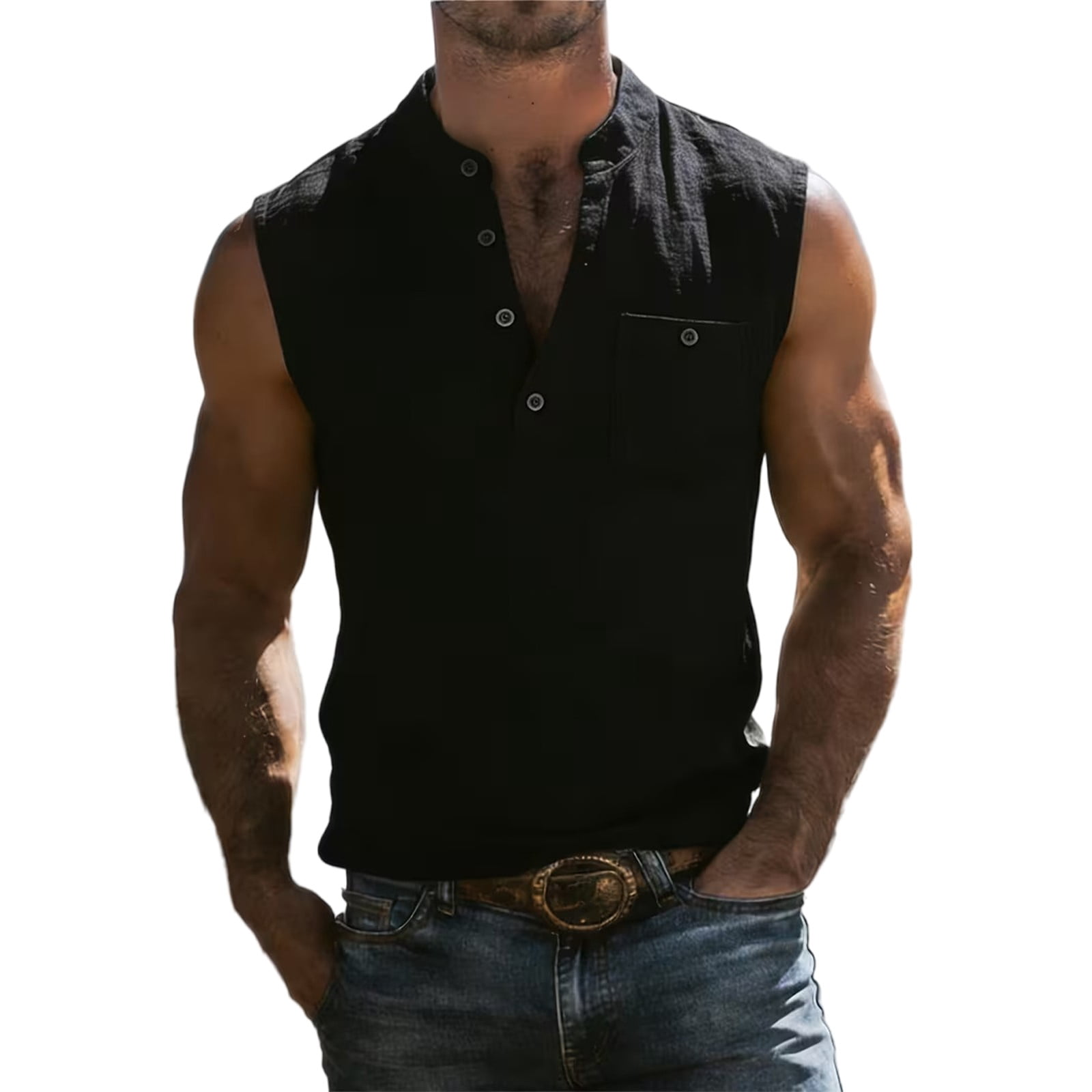 BangWanChi Men's Solid Color Sleeveless Button Round Neck Casual And ...