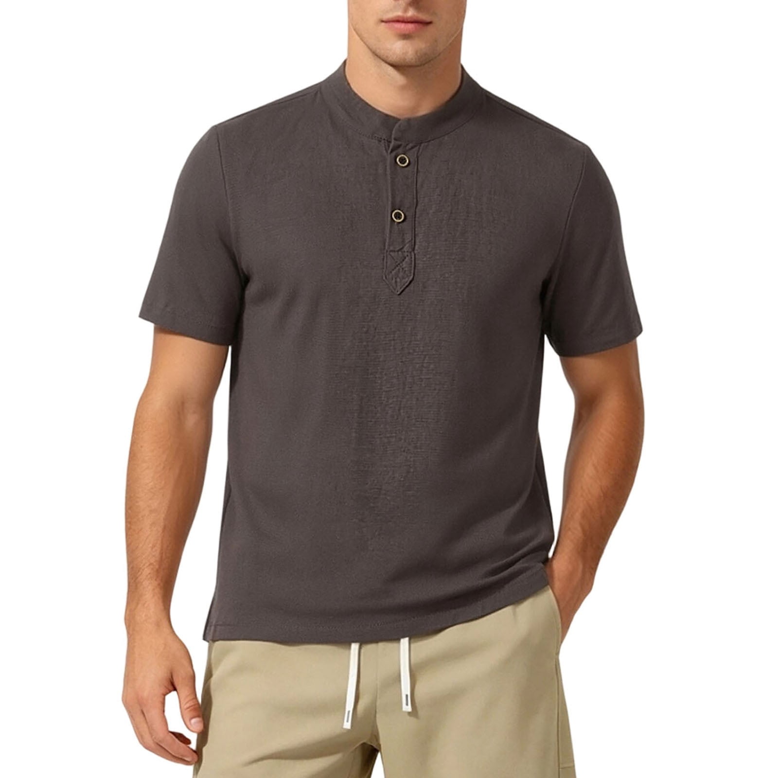 BangWanChi Men's Summer Henley Shirt Short Sleeve Stand Collar Casual ...