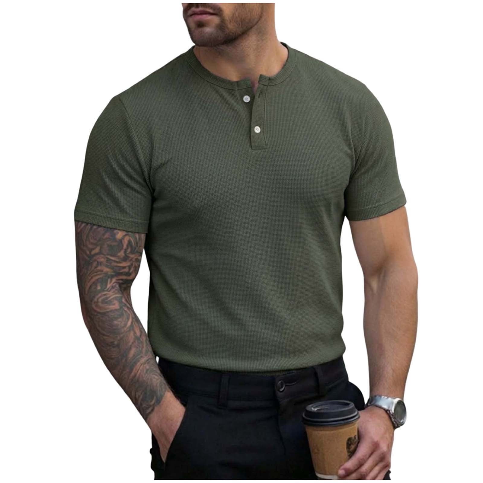BangWanChi Mens Short Sleeve Half-Button Placket Henley Top Man Solid ...