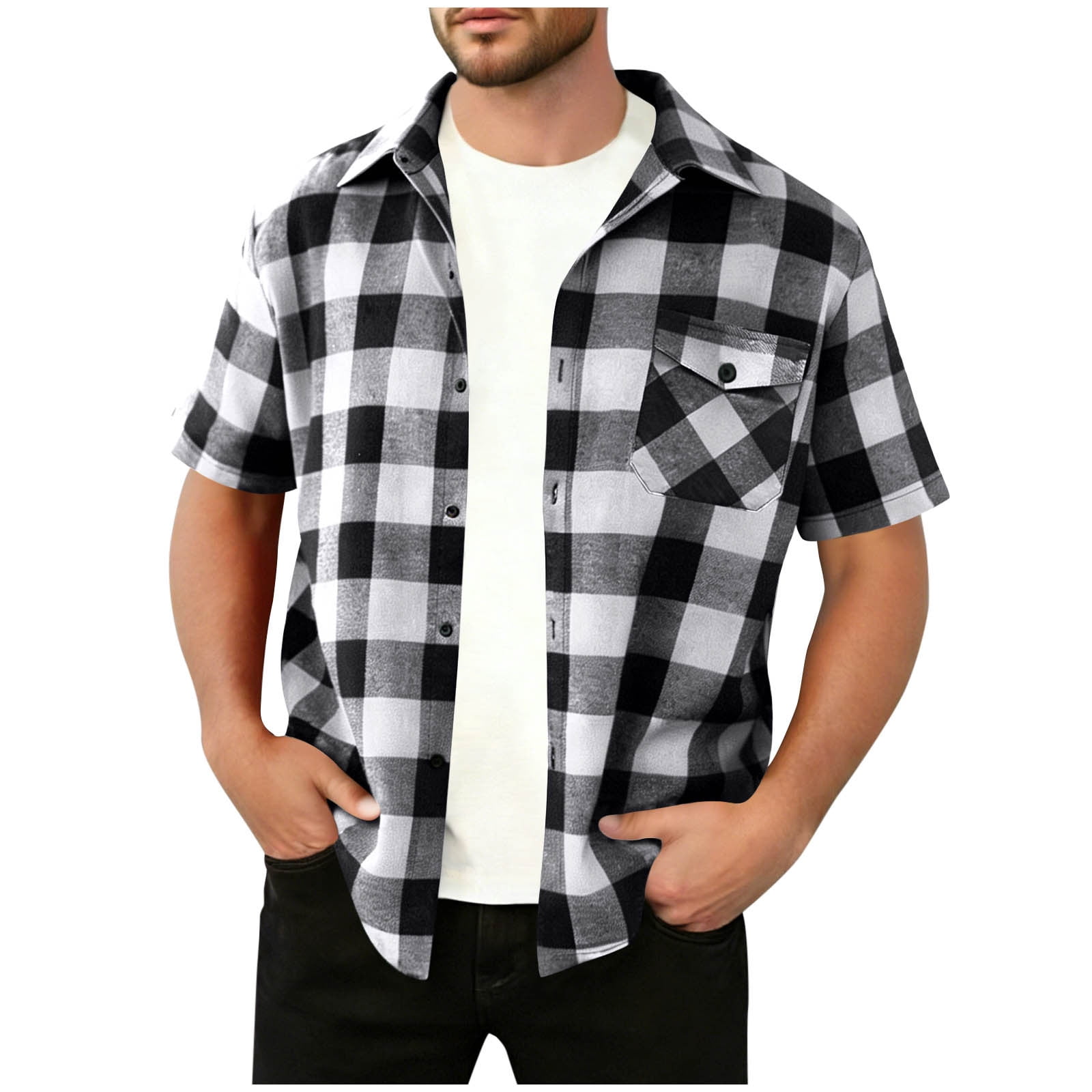 BangWanChi Mens Short Sleeve Tops Fashion Men Lapel Plaid Top Casual ...