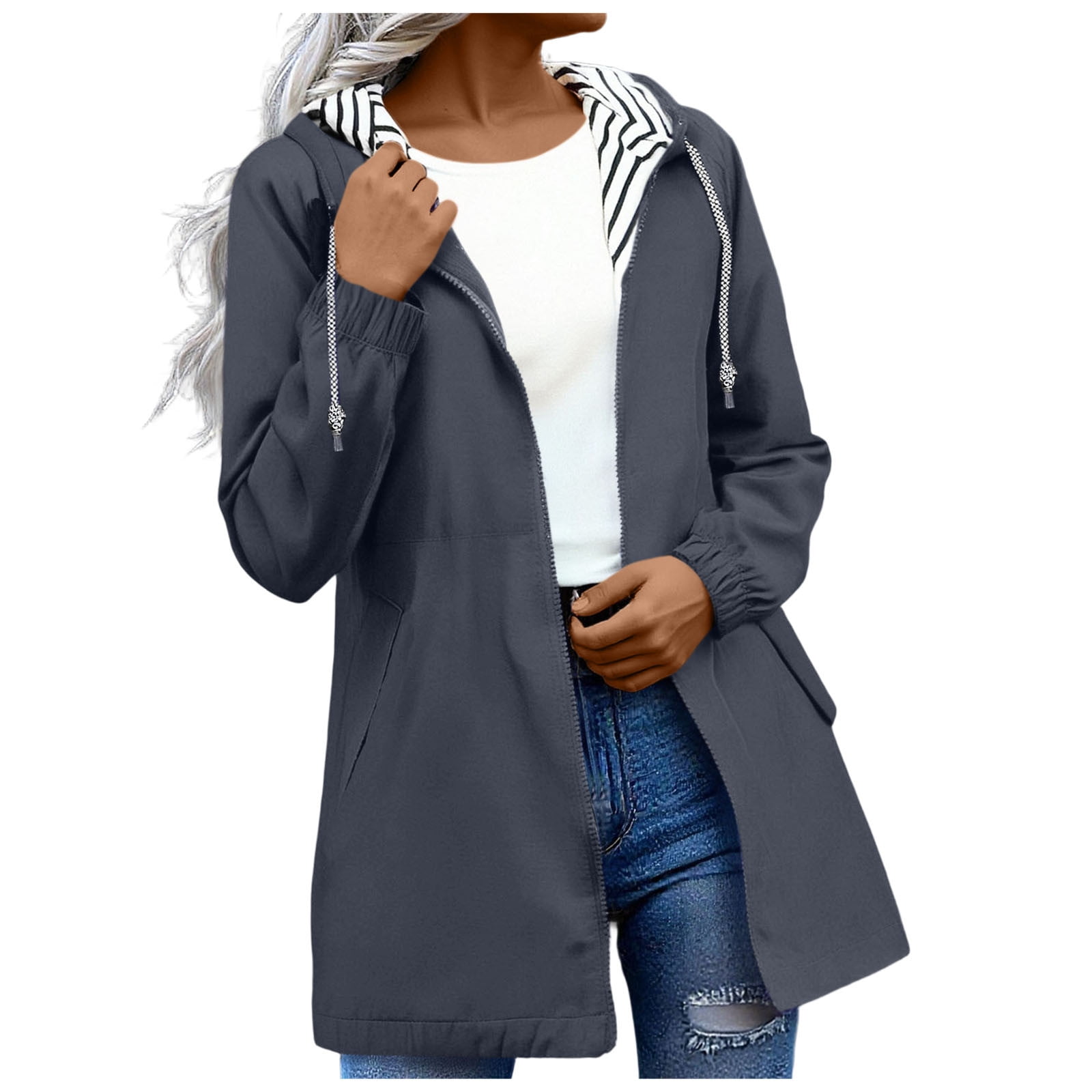 BangWanChi Rain Jacket for Women Solid Color Outdoor Hooded Windproof ...