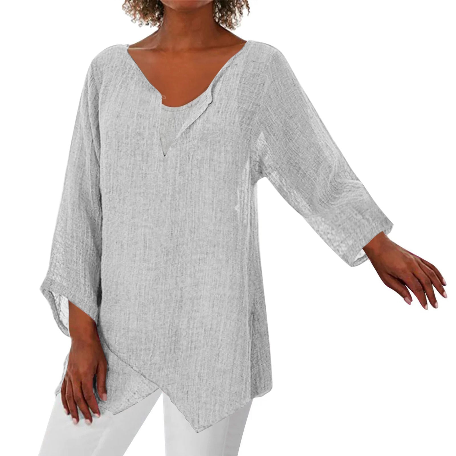 BangWanChi Shirts for Women Trendy Fall Women's V-Neck Split Casual ...