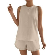 Jerdar Women Casual 2 Piece Short Sets Summer Round Neck Solid Sleeveless Blouse Loose Cotton ...