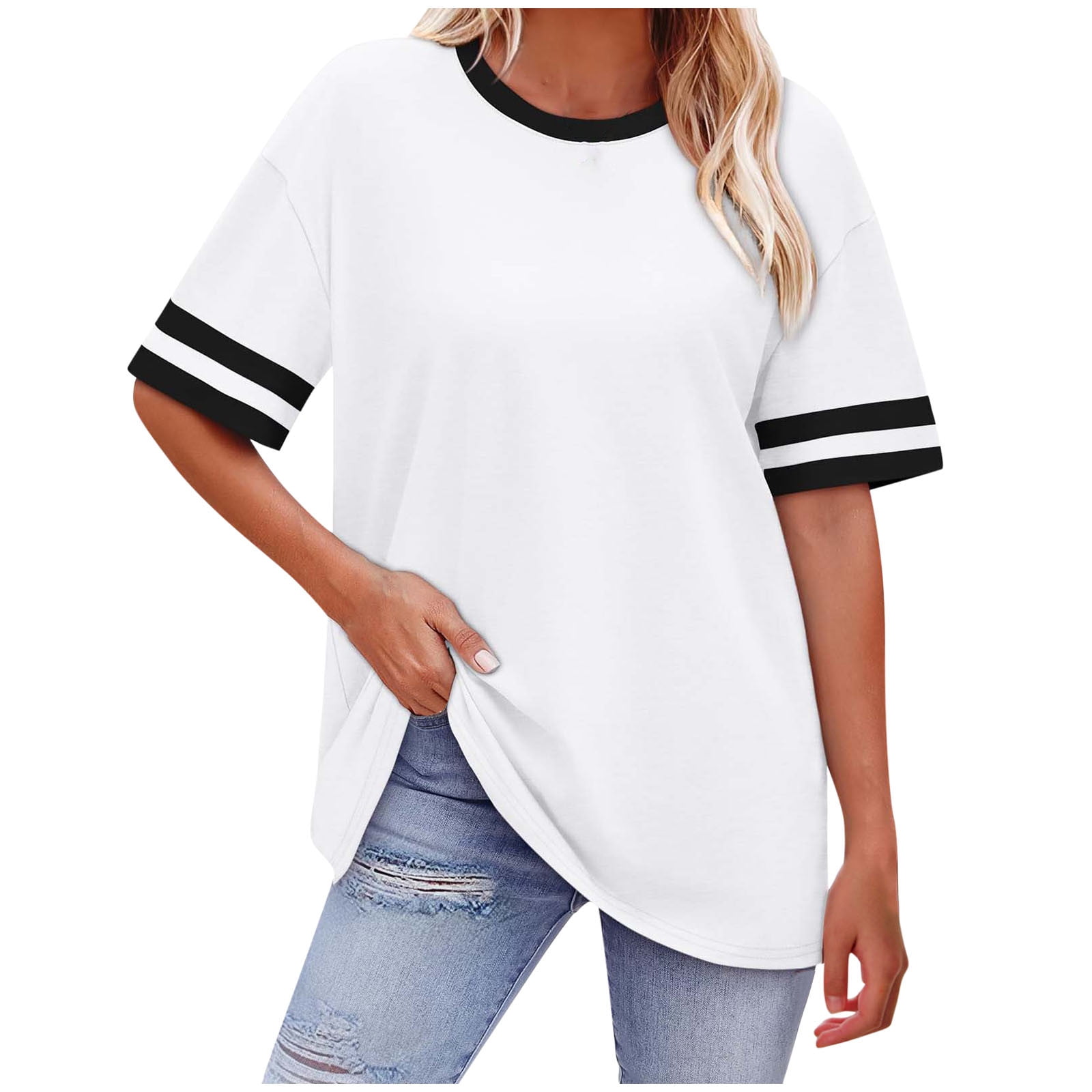 BangWanChi Women's Letter Print Casual T-Shirt Drop Shoulder Round Neck ...