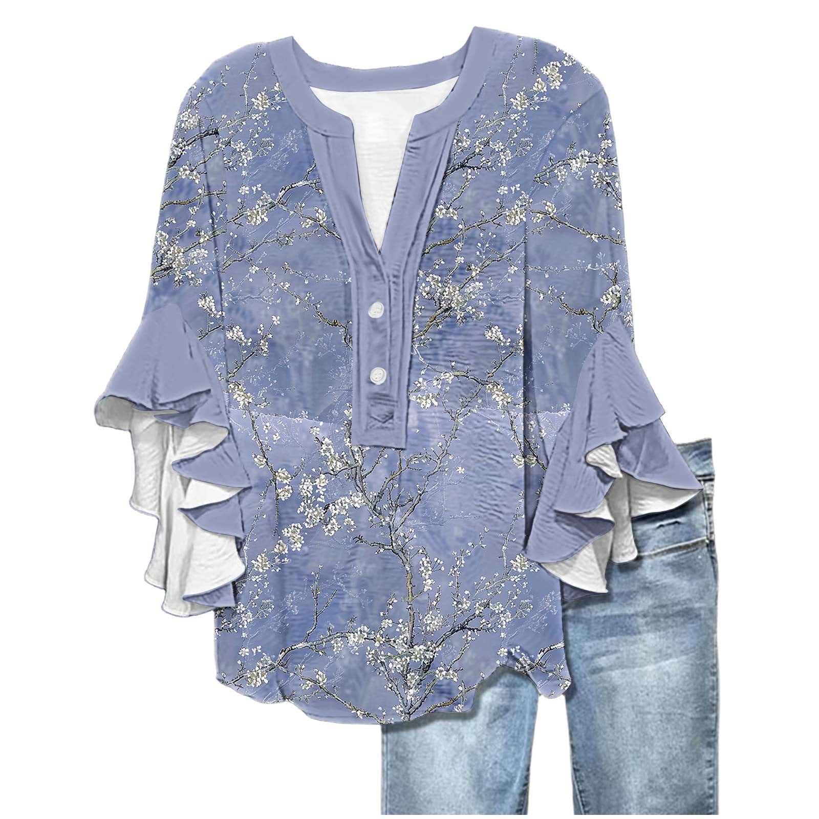BangWanChi Women's New Lace Shirt Tops 3/4 Sleeve V-Neck Button Casual ...