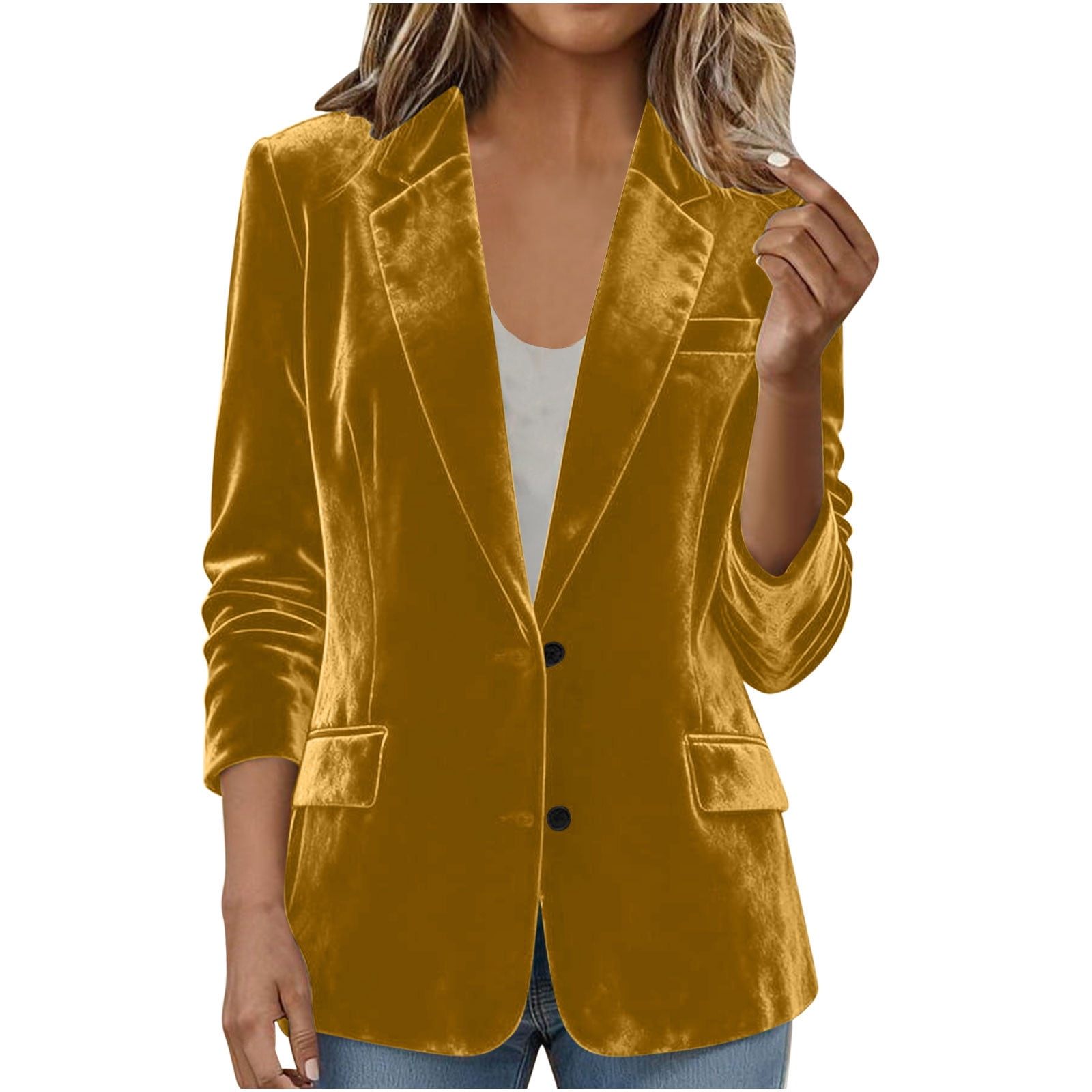 BangWanChi Women's Solid Color Gold Velvet Coats Long Sleeved Lapel ...