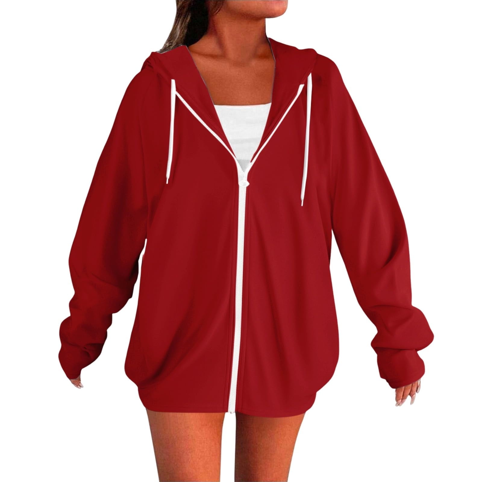 BangWanChi Women's Solid Color Hoodies Drawstring Long Sleeved Zipper ...