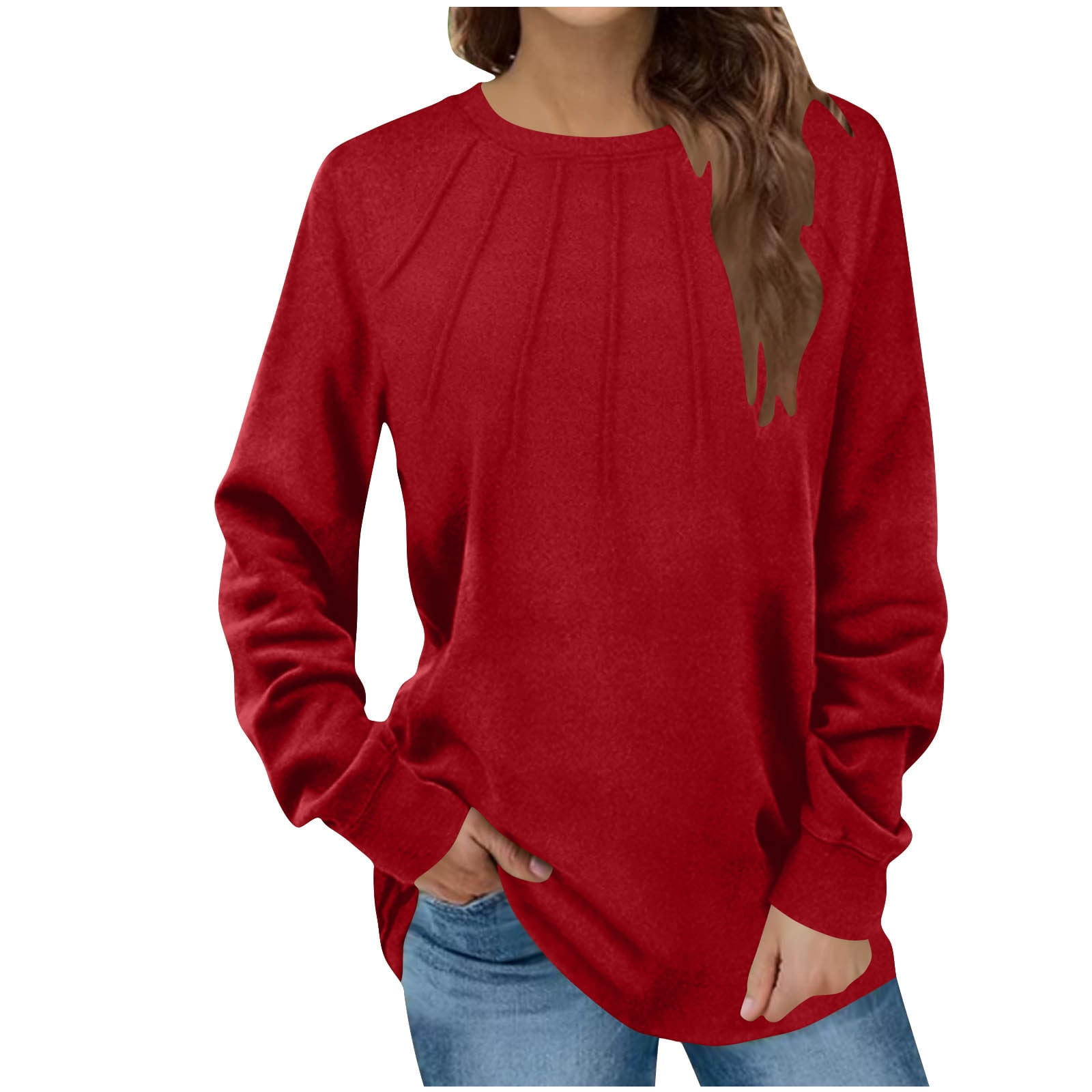 BangWanChi Women's Winter Casual Tops Solid Color Crewneck Pullover ...