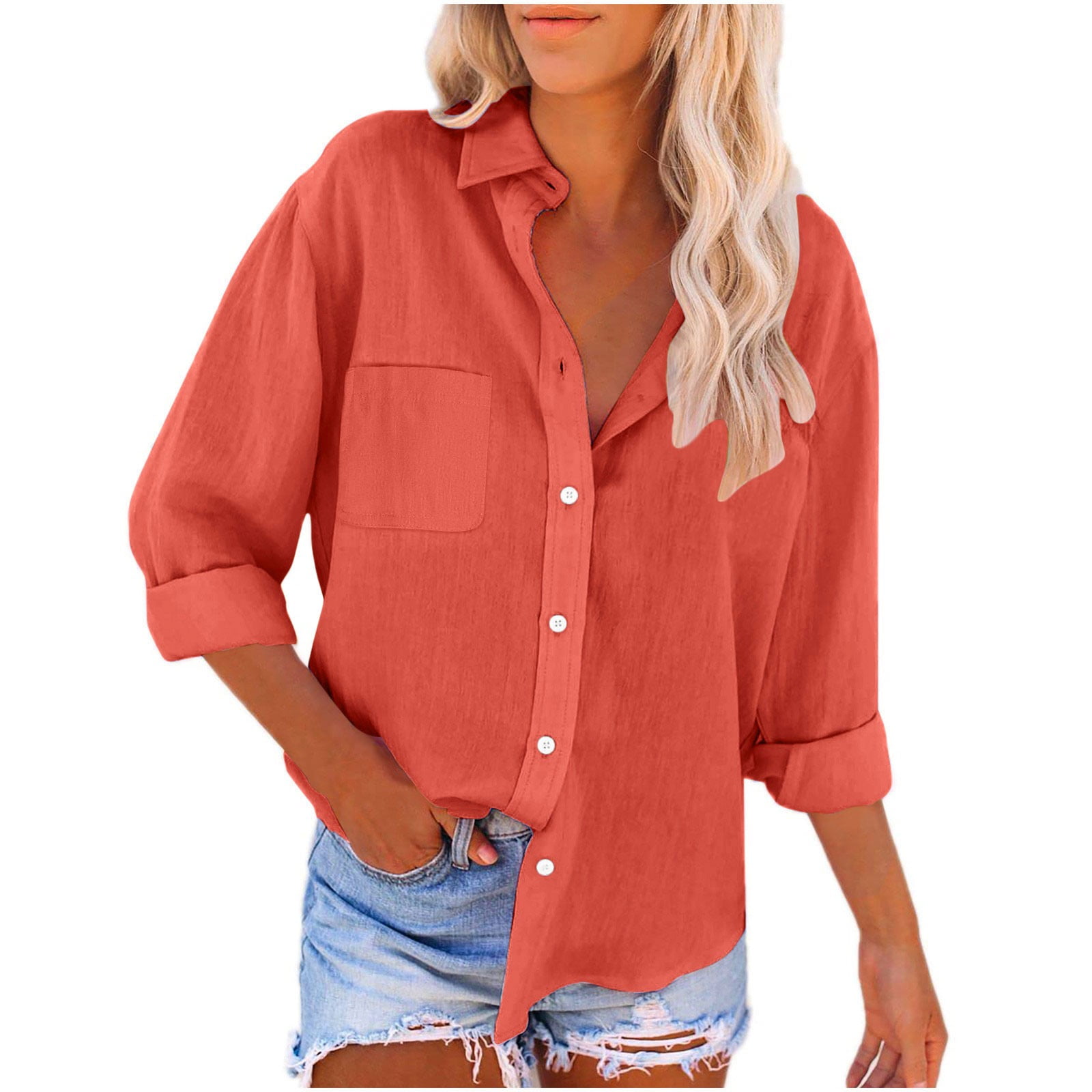 BangWanChi Womens Workwear Button Shirts V-Neck Solid Color Loose ...