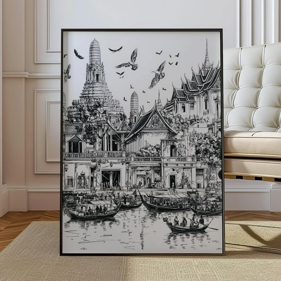 Bangkok Thailand Poster Black & White Cityscape Wall Art, Thai Temple ...