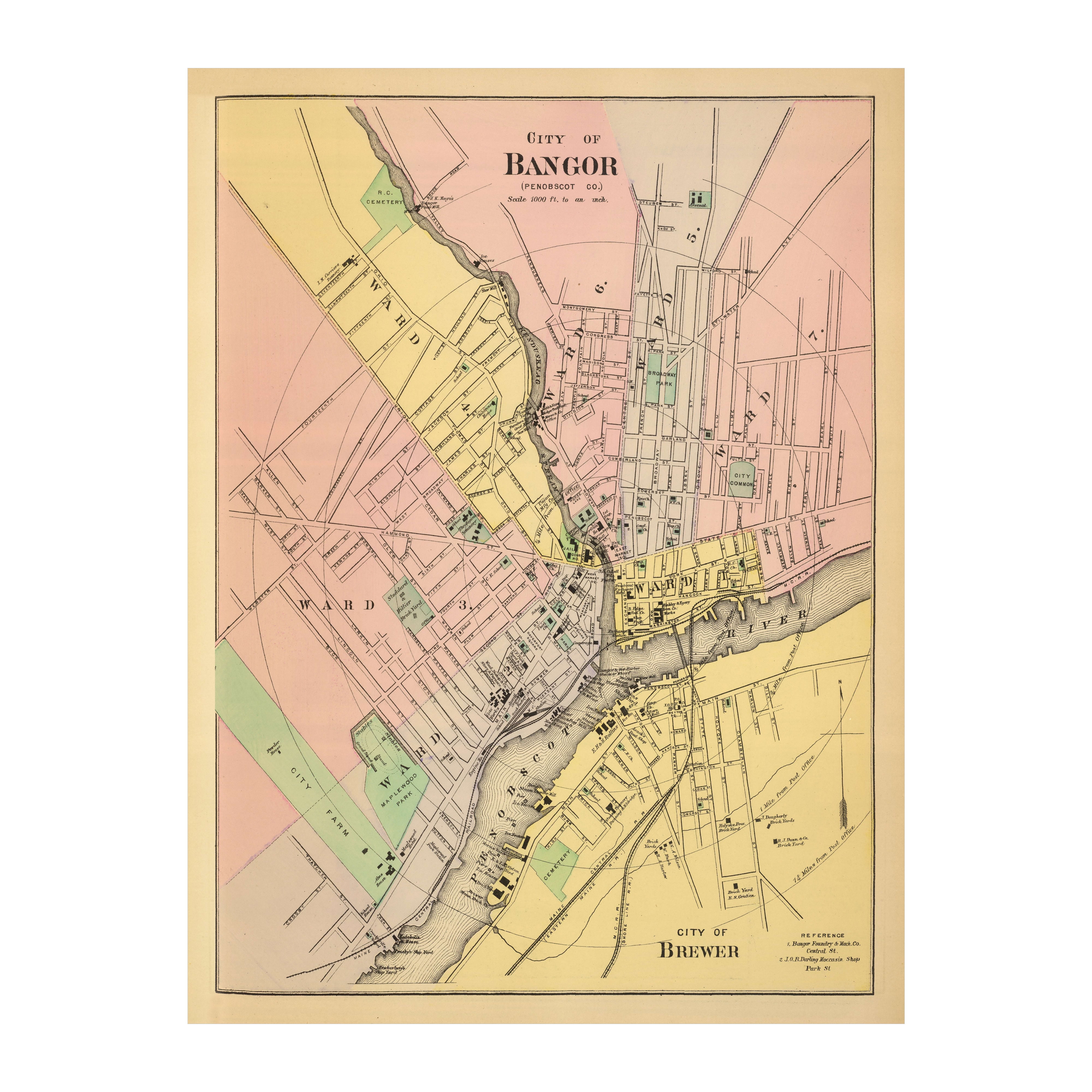 Bangor Art, 1894 Vintage Map of Bangor Maine, ME History Wall Decor ...