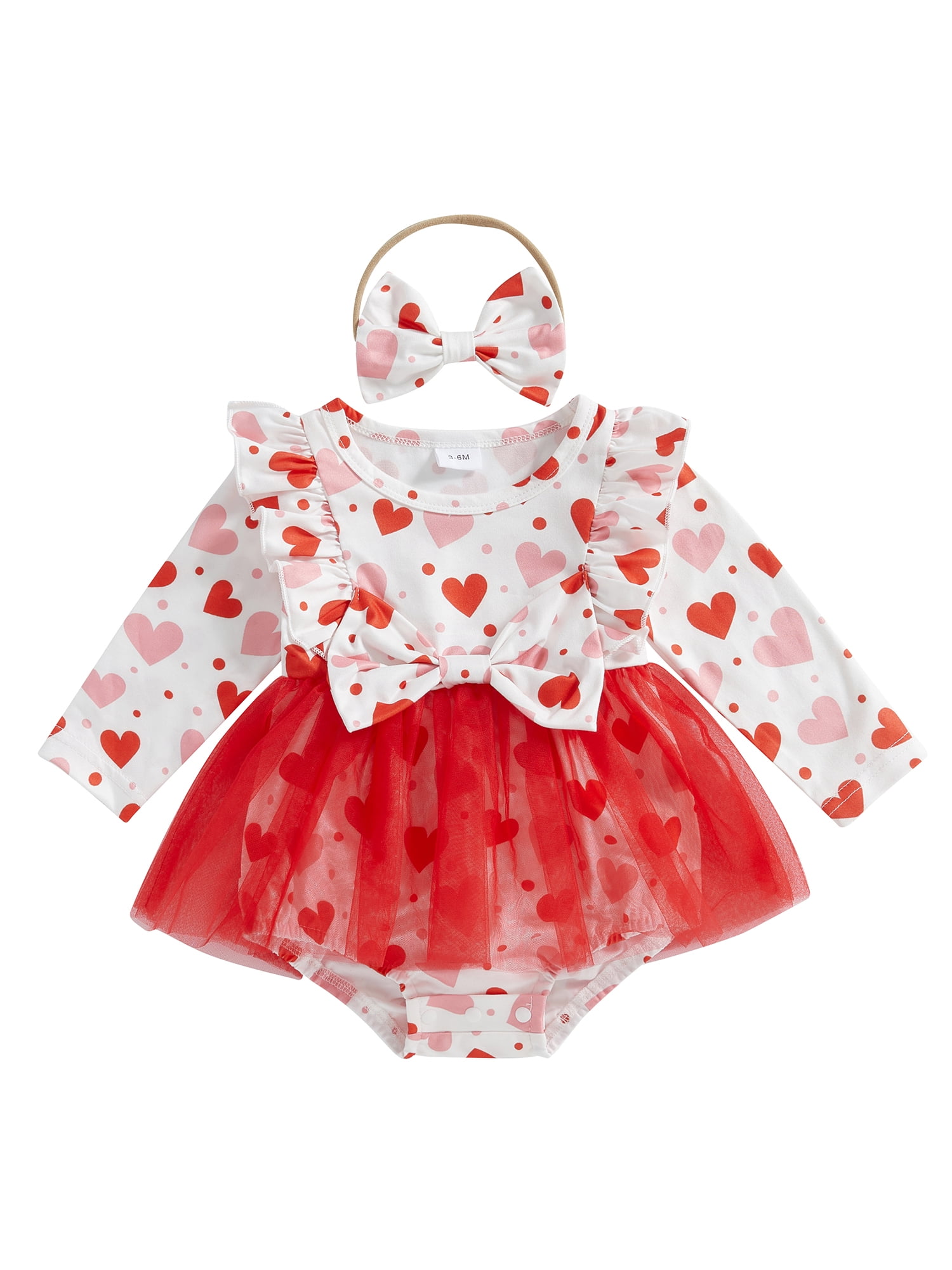 Bangyeer Baby Girls Rompers Dress Valentine's Day Long Sleeve Heart Print Mesh Skirt Hem ...