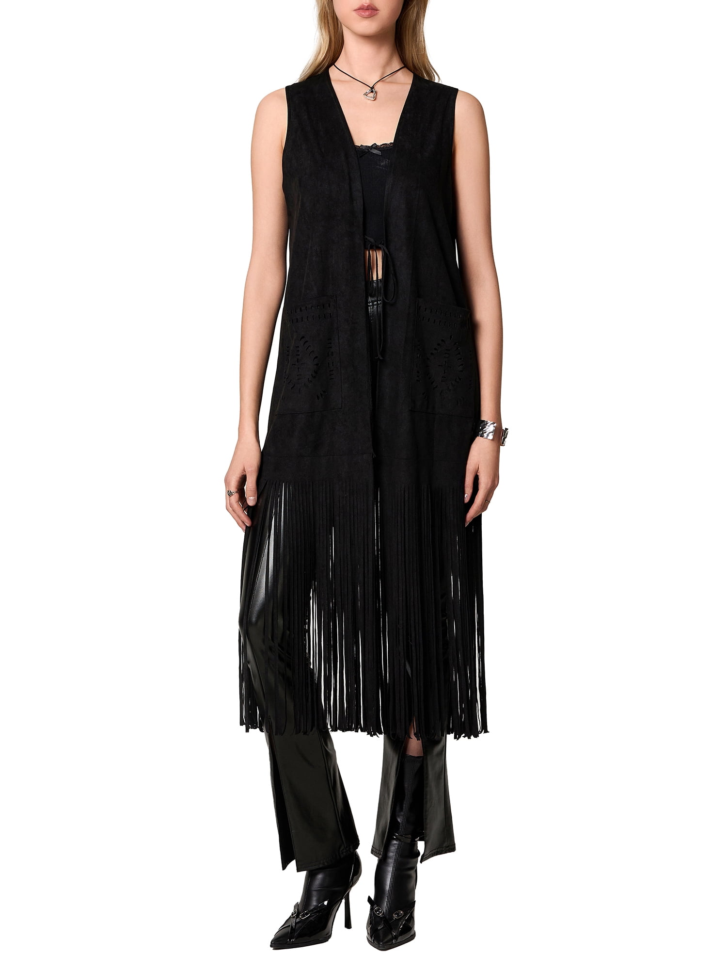 Bangyeer Fringe Vests Cowgirl Outfits for Women 70s Hippie Clothes Vest Jacket Open Front Long ...