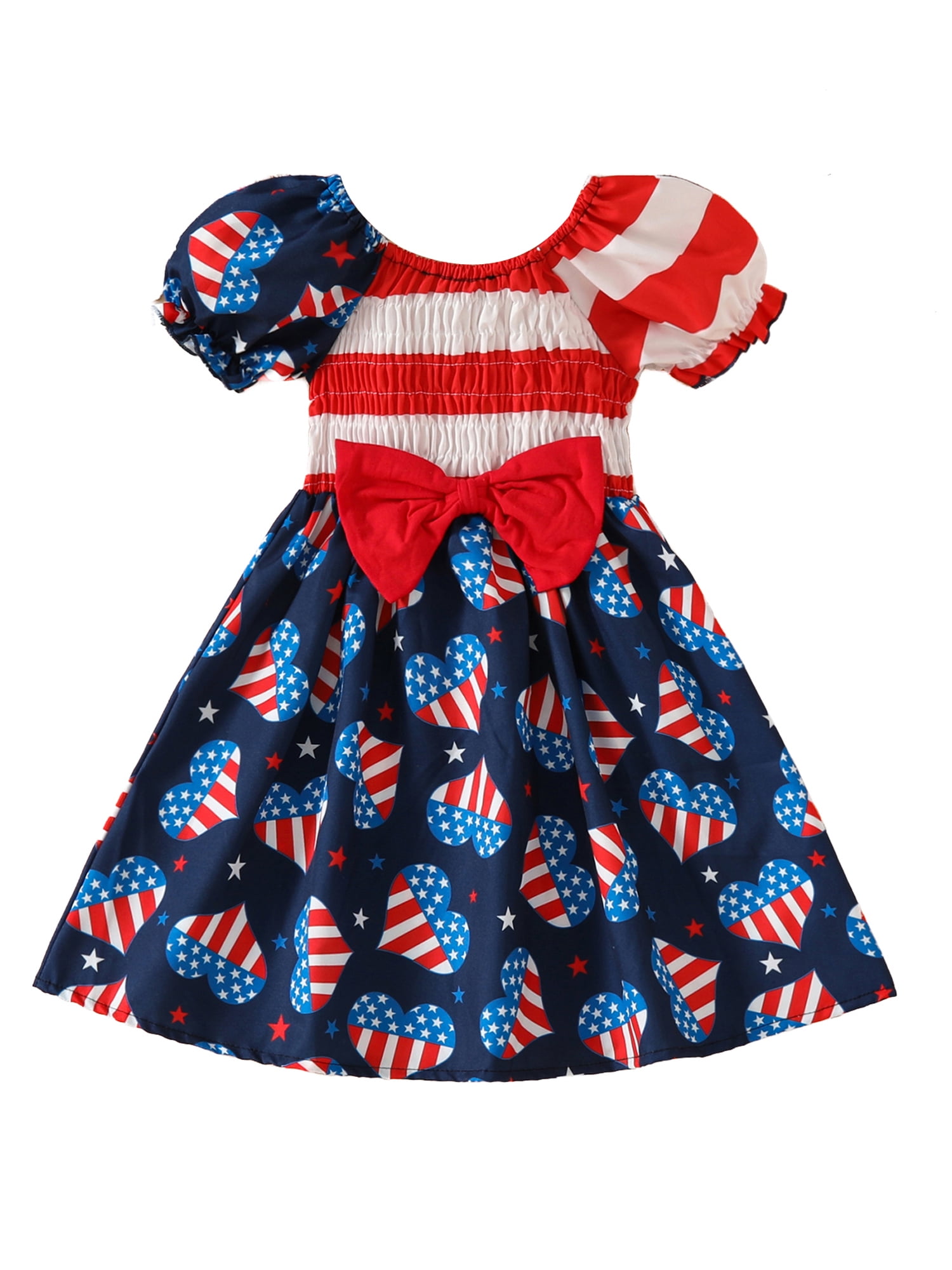 Bangyeer Little Girls 4th of July Dress Star Print Bow Puff Sleeve A ...