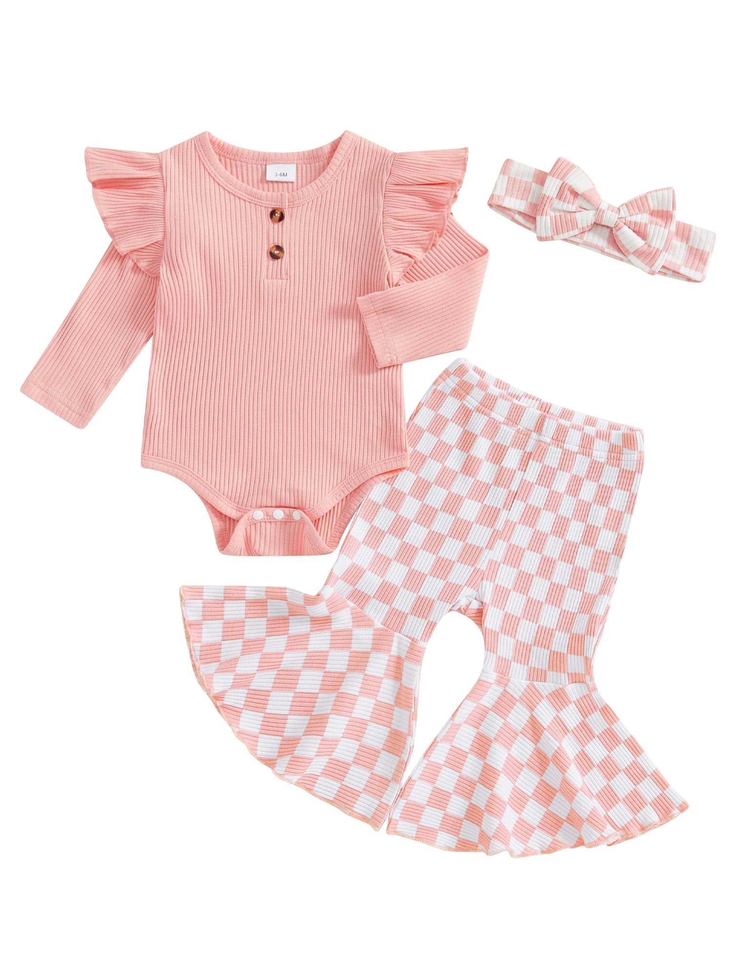 Bangyeer Newborn Baby Girl Bell Bottom Outfit Ruffle Romper Bow Flare Pants Set Headband Cute ...
