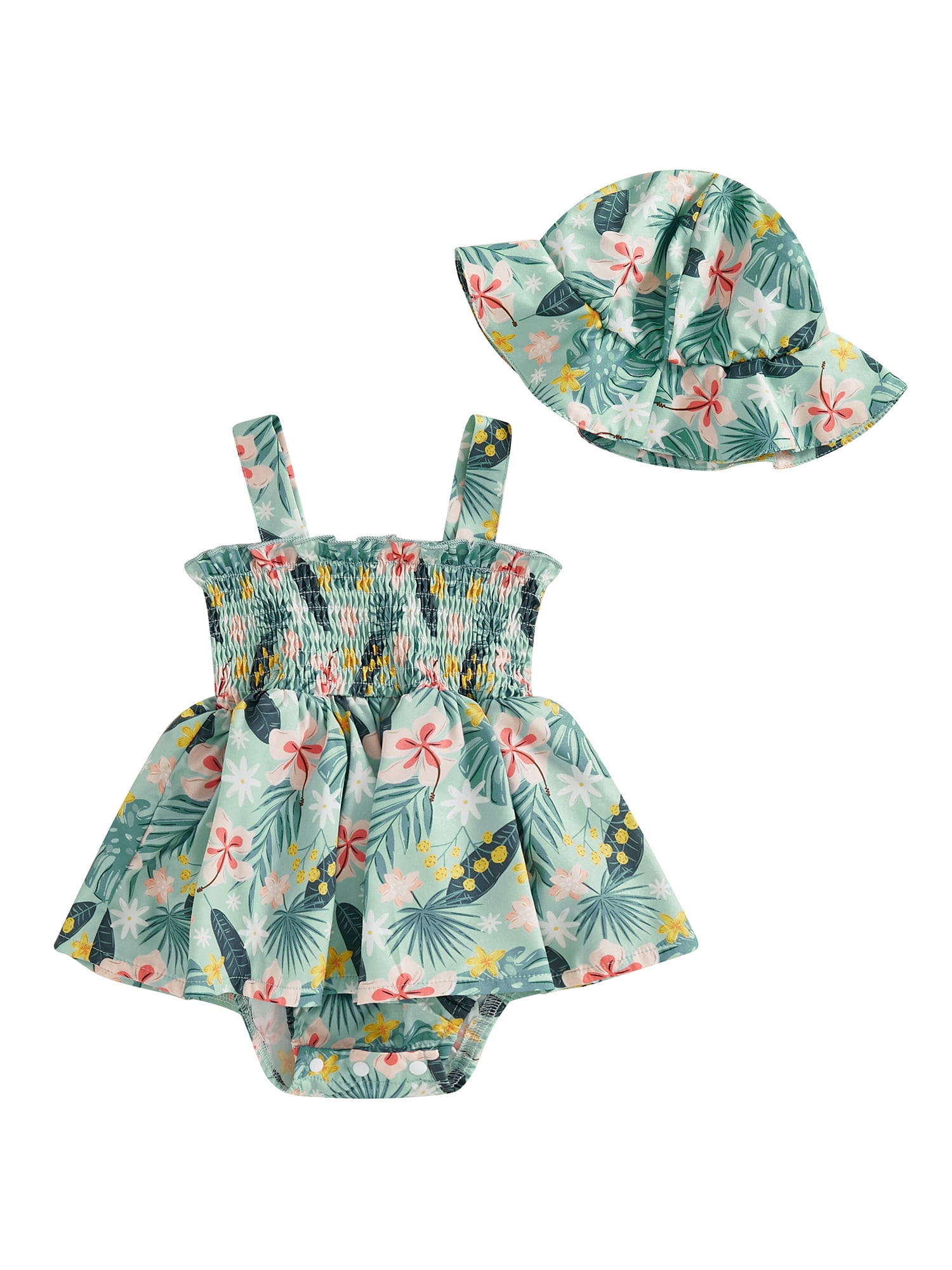 Bangyeer Newborn Baby Girl Bodysuit Sleeveless Frill Trim One-piece Jumpsuit with Sun Hat Summer ...