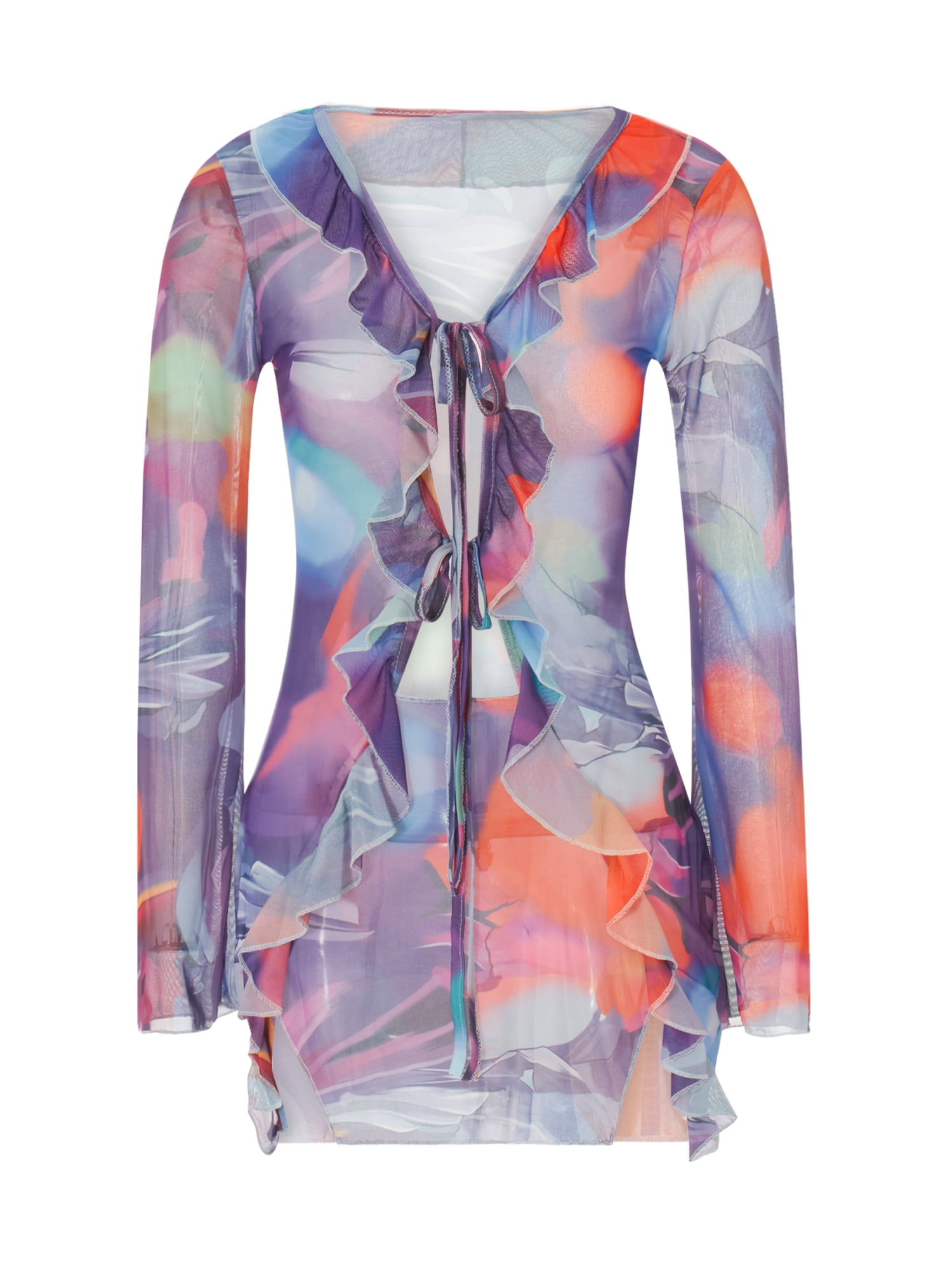 Bangyeer Tie Dye Long Sleeve Mini Dress Criss Cross Bandage Ruffle Trim ...