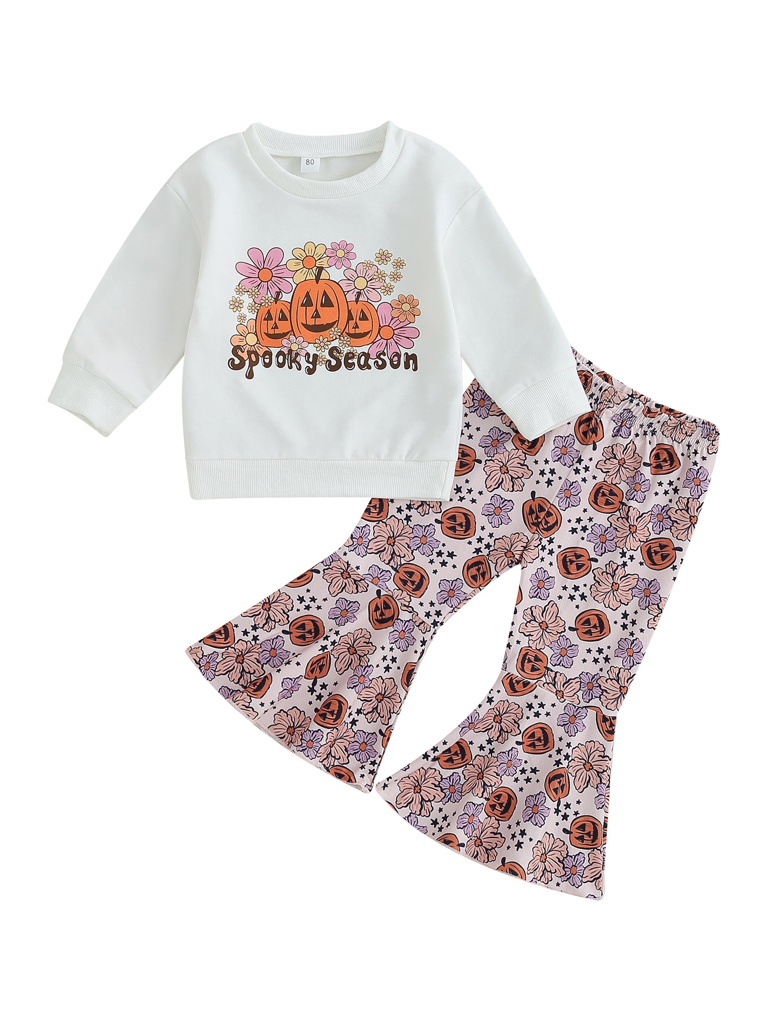 Bangyeer Toddler Baby Girl Halloween Outfits Long Sleeve Pumpkin Sweatshirt Bell Bottoms 1-4Y ...