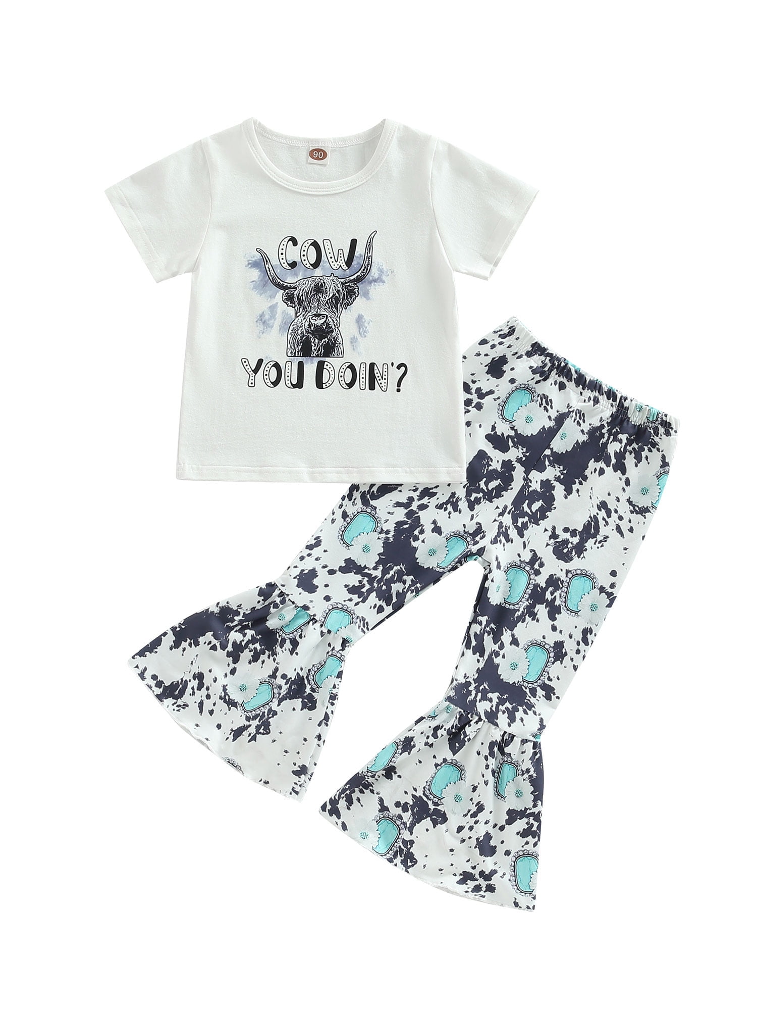 Bangyeer Toddler Baby Girl Outfits Cow Print Short Sleeve Top Flared Pants Bell Bottoms Clothes ...