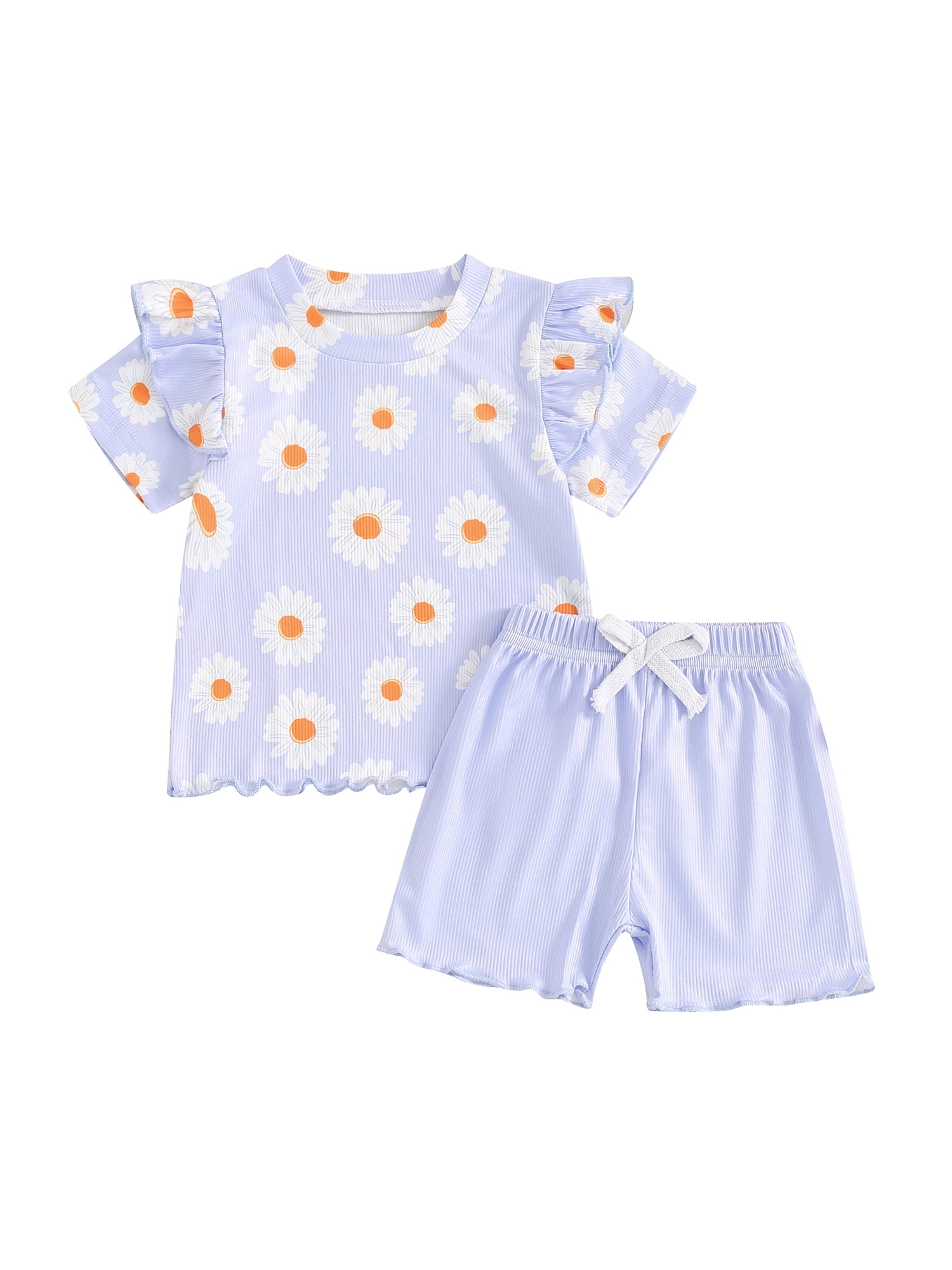 Bangyeer Toddler Baby Girl Summer Ribbed Knit Short Sleeve Print T-Shirts Tops Shorts Sets 1-5Y ...