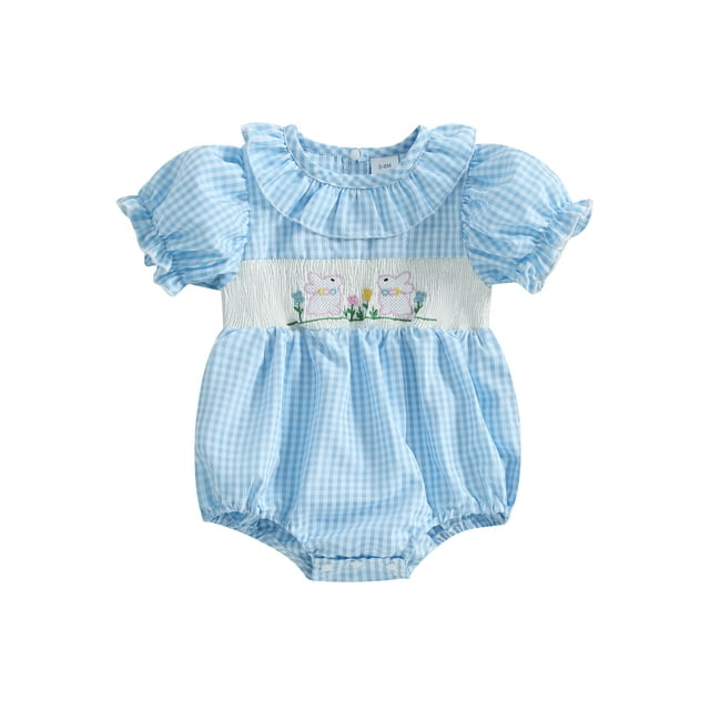 Bangyeer Toddler Baby Girl Sweet Plaid Romper Short Puff Sleeve Doll Collar Bunny Embroidery ...