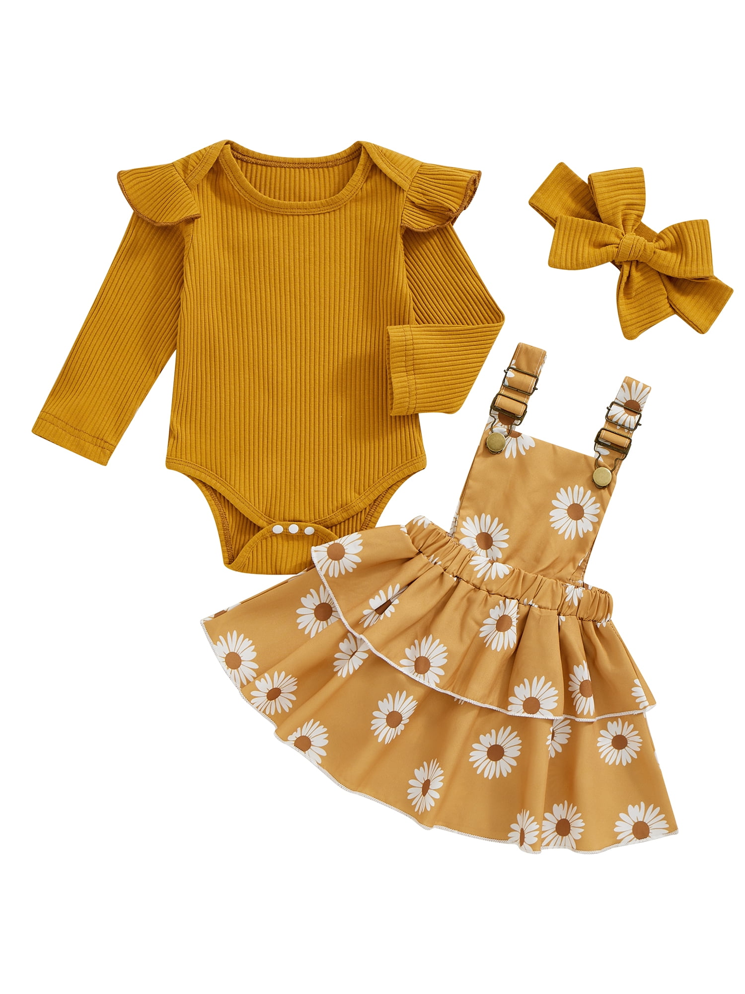 Bangyeer Toddler Baby Girls Outfit Ribbed Long Sleeve Romper and Floral Suspender Skirt Headband ...