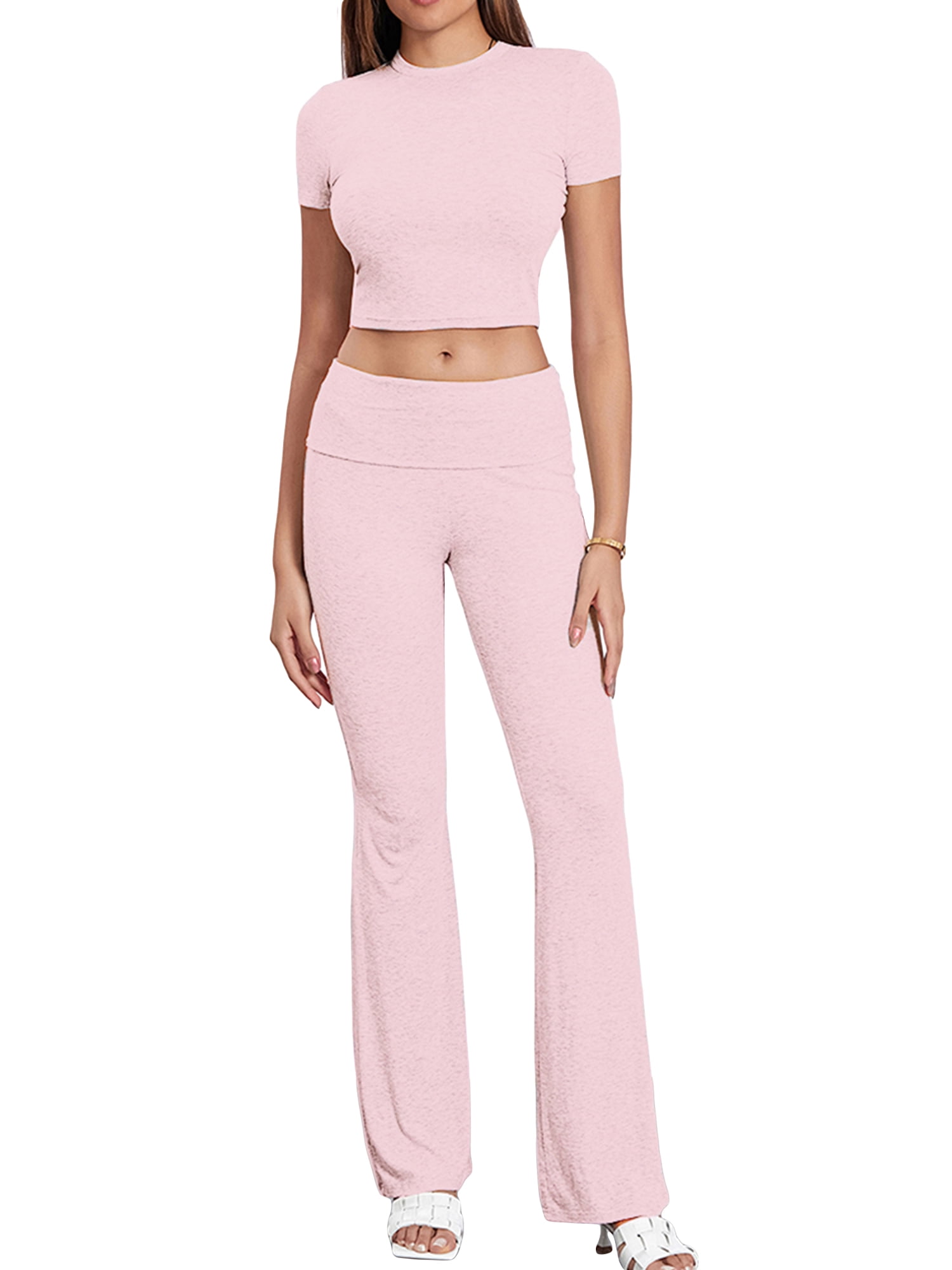 Bangyeer Women 2 Piece Pants Set Short Sleeve Crop Tops Low Waist Yoga ...