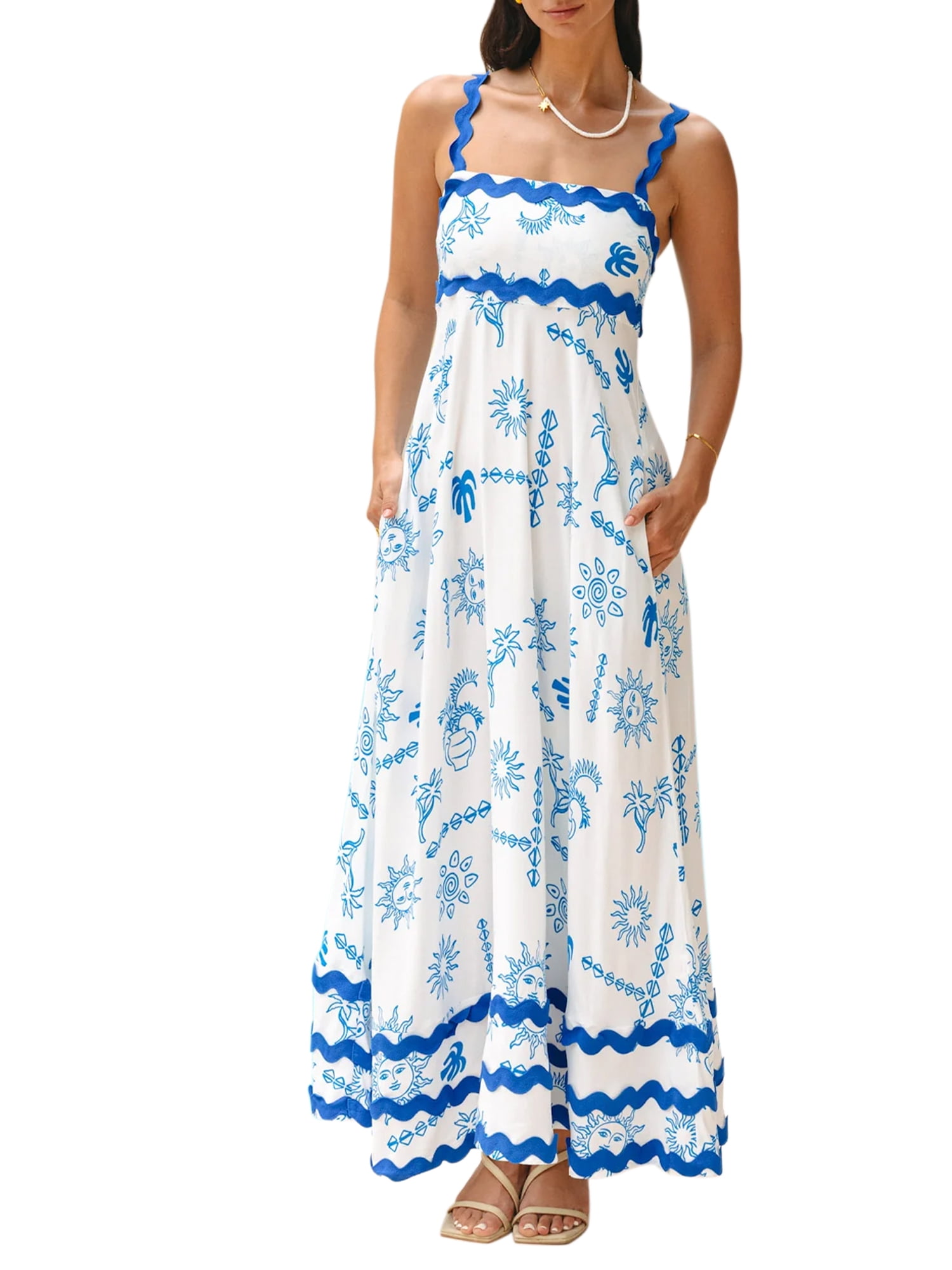 Bangyeer Women Boho Maxi Cami Dress Graffiti Print Sleeveless Spaghetti Strap Flowy Long Dress ...