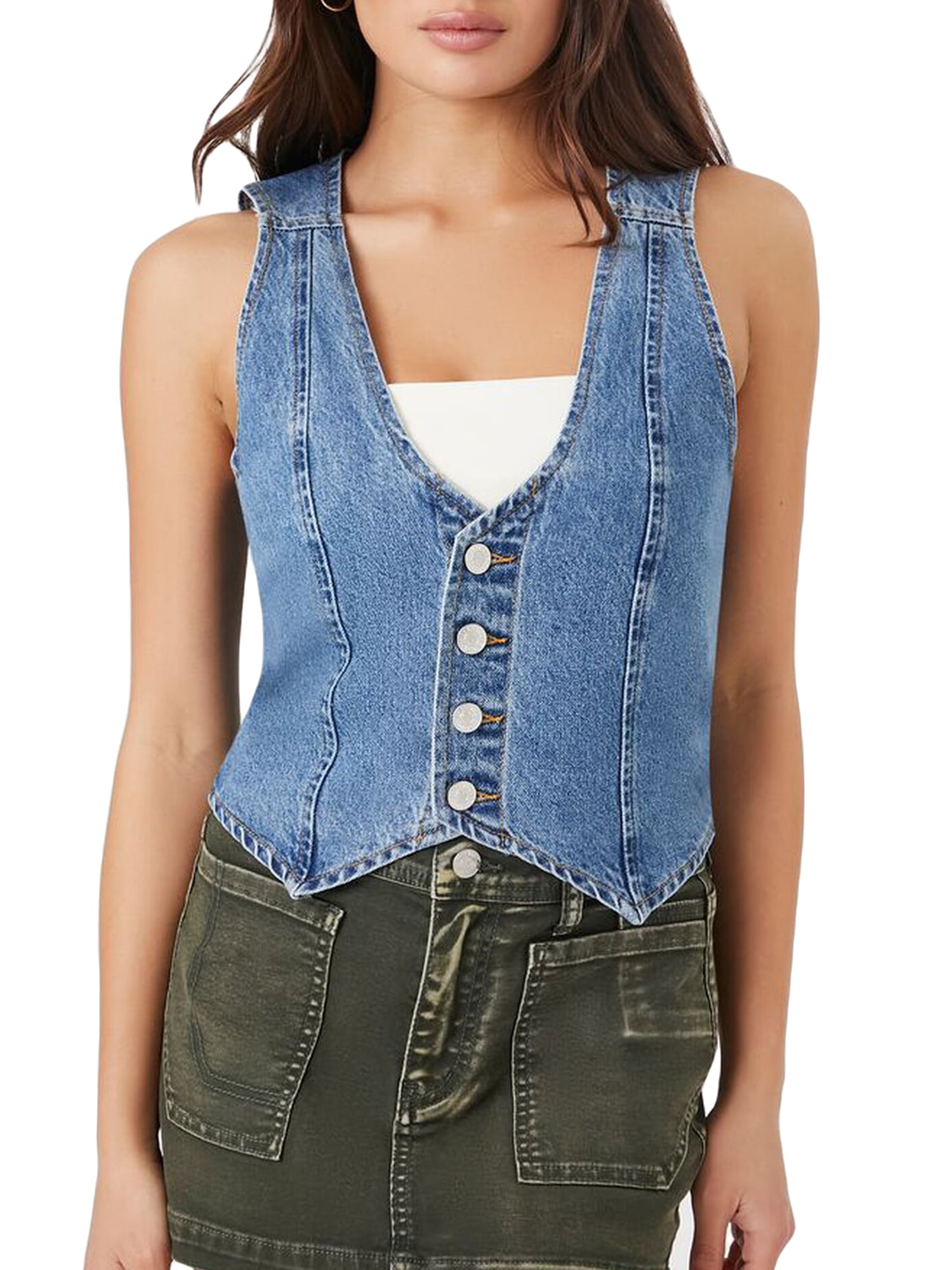 Bangyeer Women Denim Vest Sleeveless Crop Tank Top Button Front Y2K ...