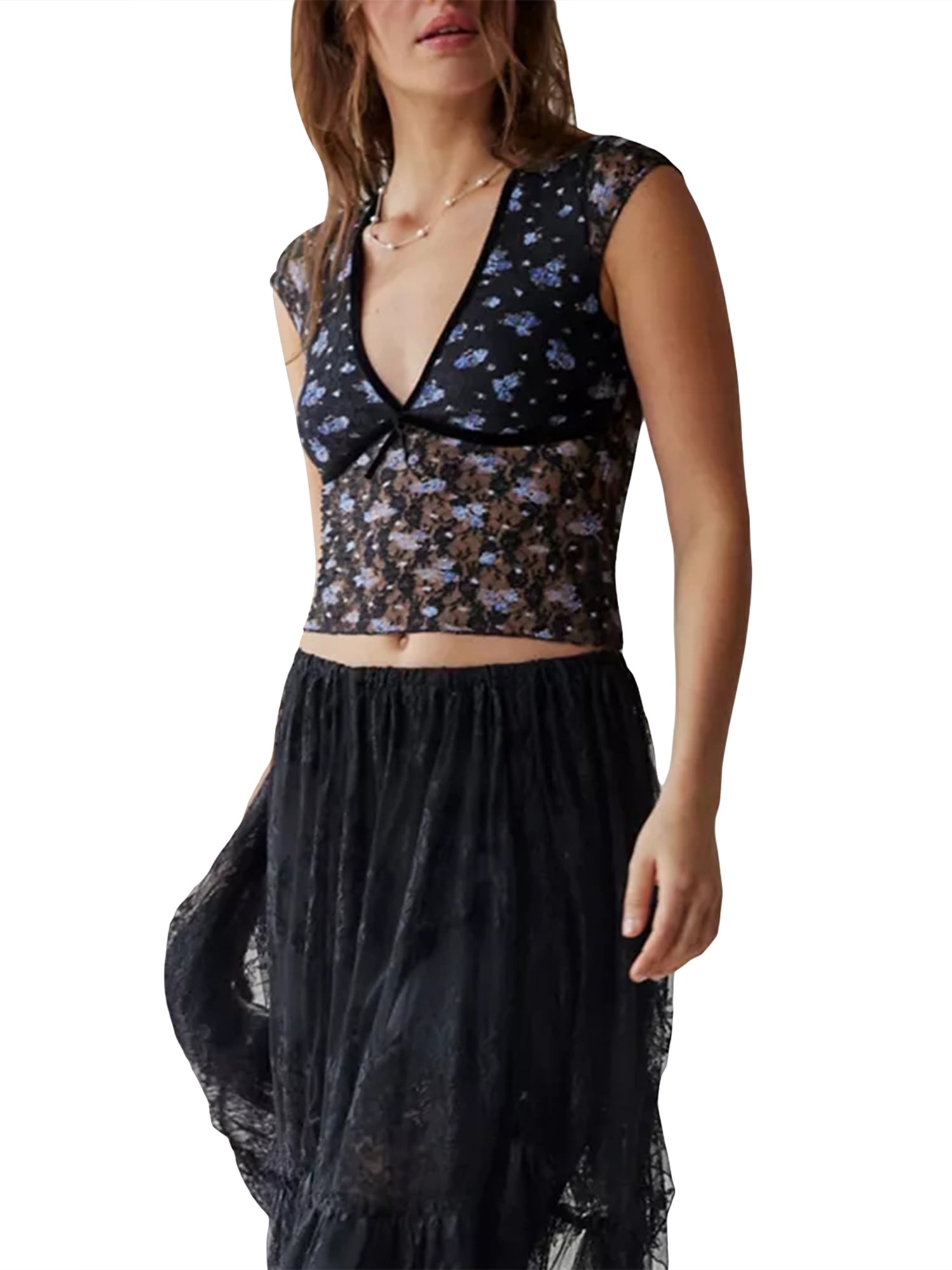 Bangyeer Women Floral Lace Crop Top Y2k Sheer Mesh See Through T Shirts